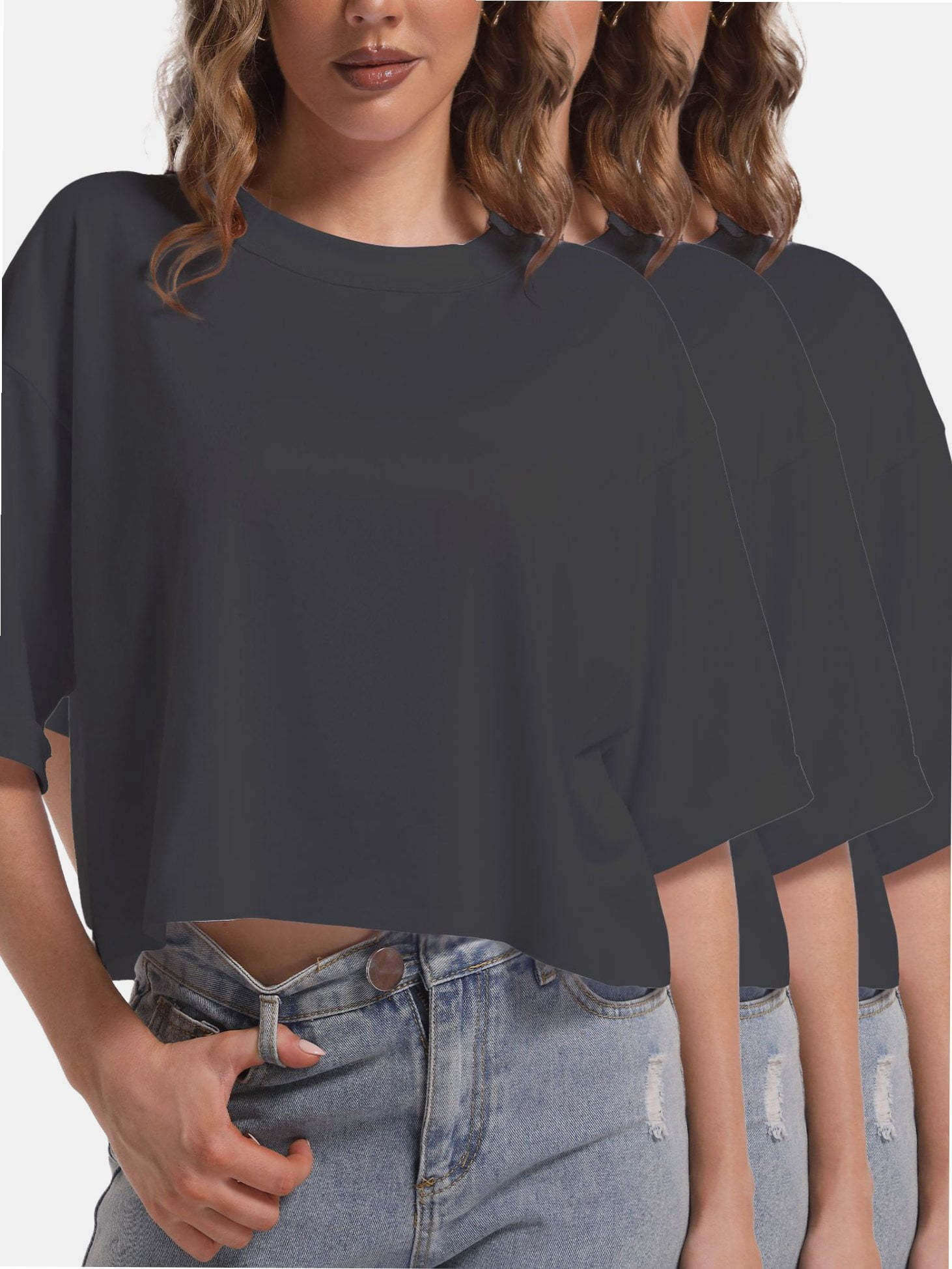 3-pack Deep gray Women's Comfy Basic Workout Gym Short Sleeve Crop Tops ...