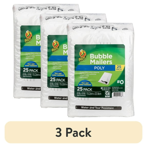 (3 pack) Duck Max Strength Self-Sealing Poly Bubble Mailer #0, 6" x 9 ...