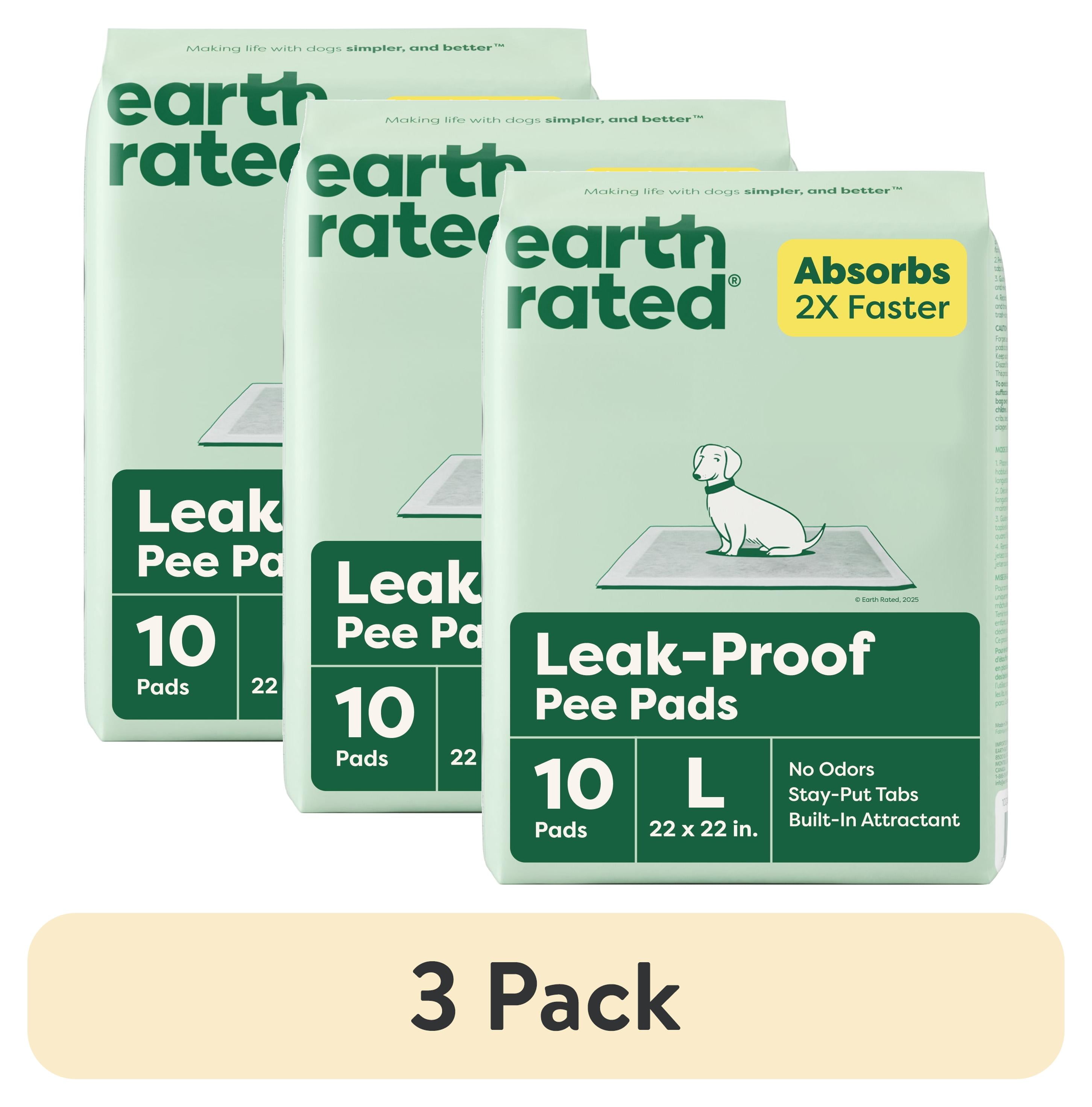 (3 pack) Earth Rated Leak-Proof Pee Pads, Large 22"x22", Unscented, 10 ...