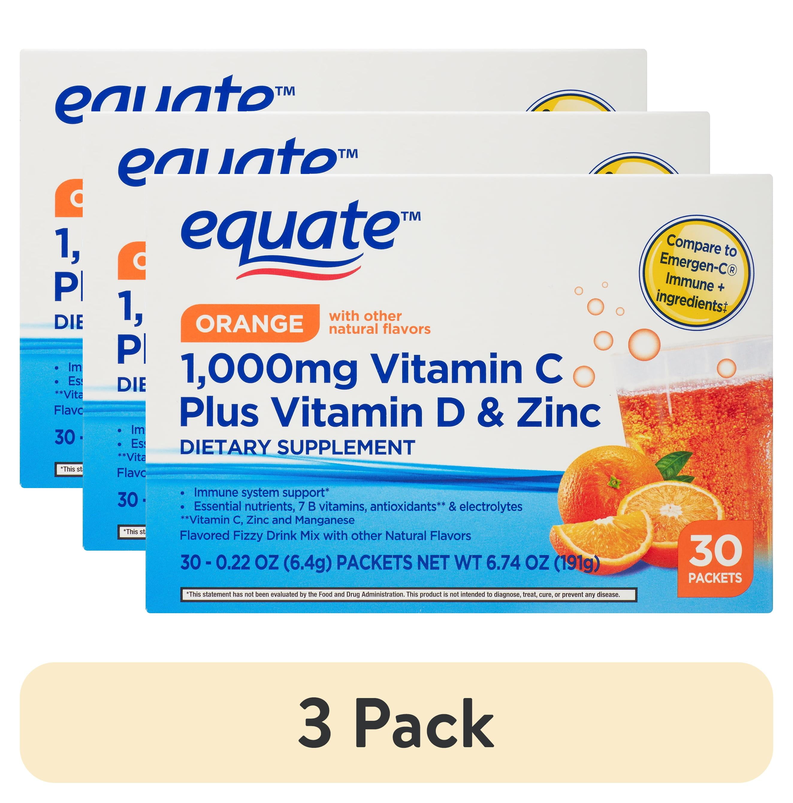 (3 pack) Equate 1000 mg Vitamin C Plus Vitamin D & Zinc Dietary Supplement Powder Packets ...