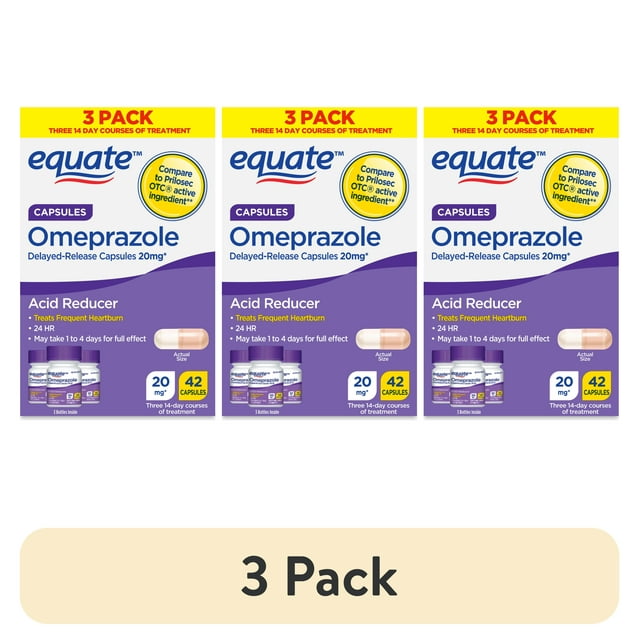 (3 pack) Equate Omeprazole Delayed-Release Acid Reducer Capsules, 20 mg ...