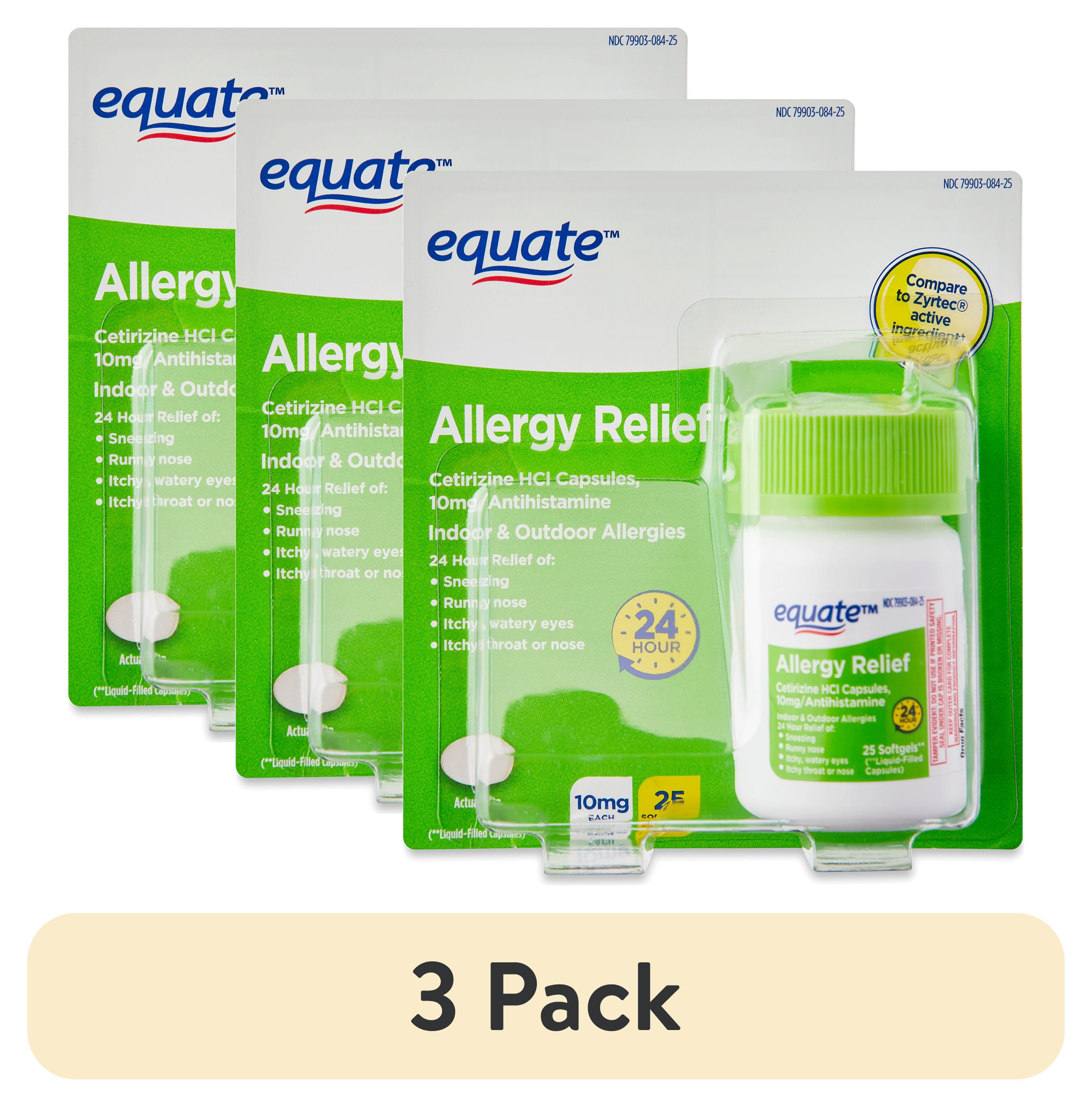 (3 pack) Equate Allergy Relief Cetirizine HCl Soft gels, 25 Count ...