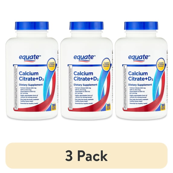(3 pack) Equate Calcium Citrate + D3 Tablets Dietary Supplement, 630 mg ...