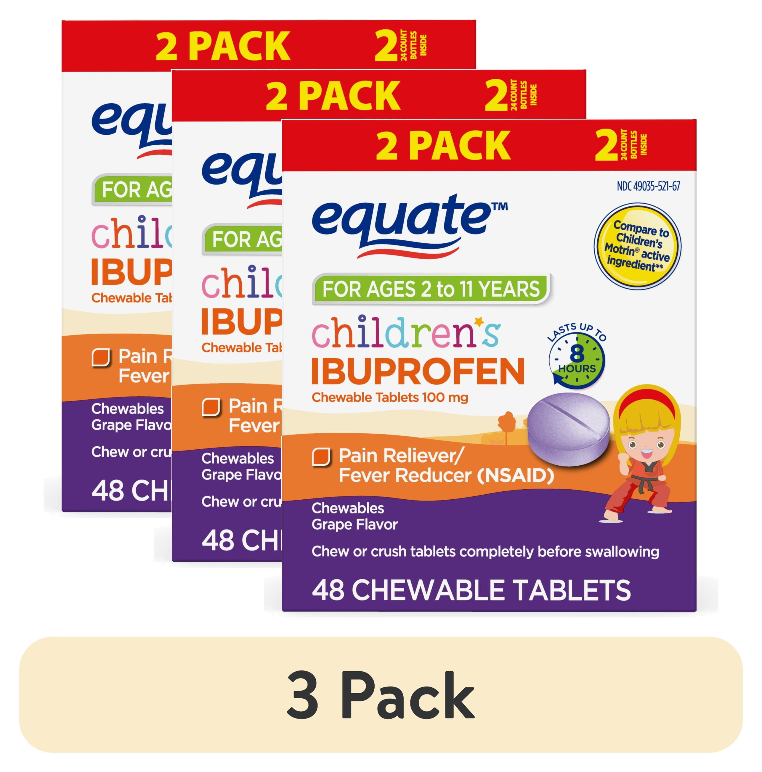 (3 pack) Equate Children's Ibuprofen Chewable Tablets, 100 mg, Grape Flavor, Ages 2 to 11 Years ...
