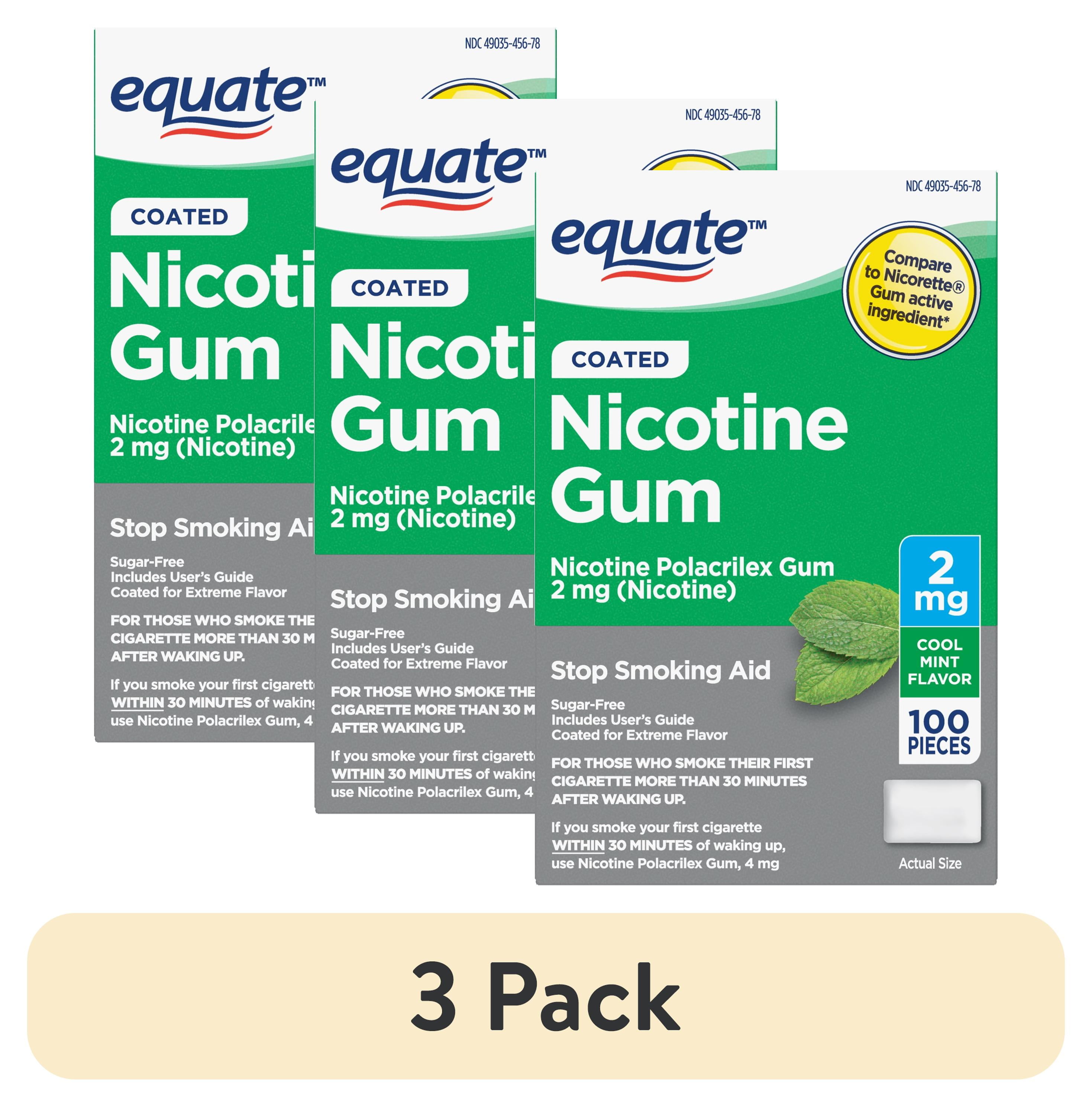 (3 pack) Equate Coated Nicotine Polacrilex Gum 2 mg, Mint Flavor, Stop ...