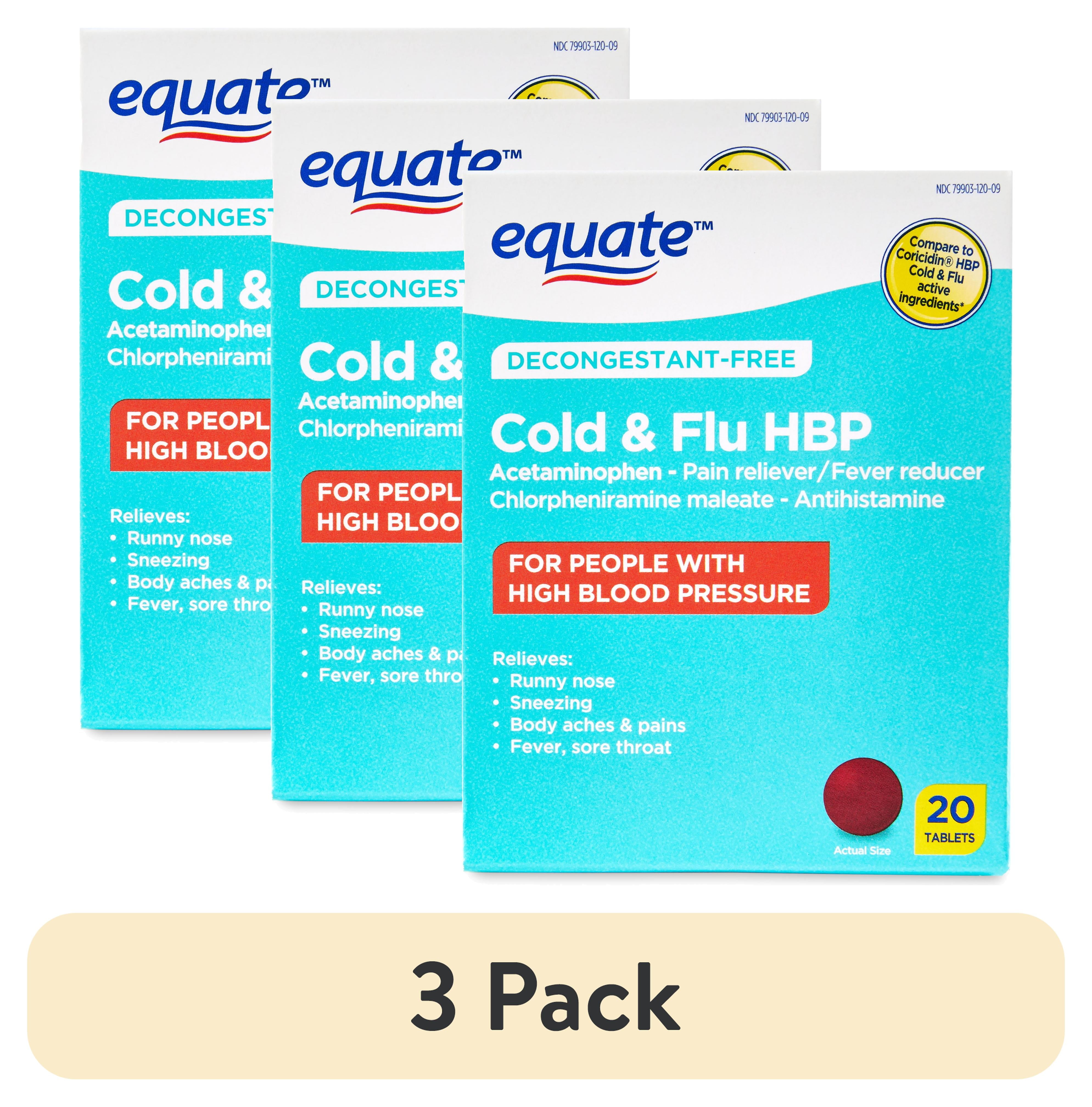 (3 pack) Equate Decongestant-Free Cold and Flu HBP Tablets for People ...