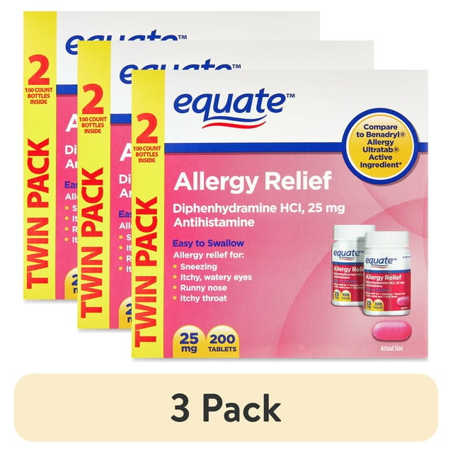 (3 pack) Equate Allergy Relief Diphenhydramine HCl 25 mg Antihistamine ...
