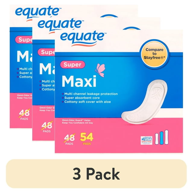 (3 pack) Equate Maxi Pads with Wings, Super, Unscented, 54 Count ...