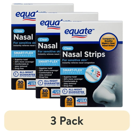 (3 pack) Equate Sensitive Skin Clear Nasal Strips, 30 Count, Compare to ...