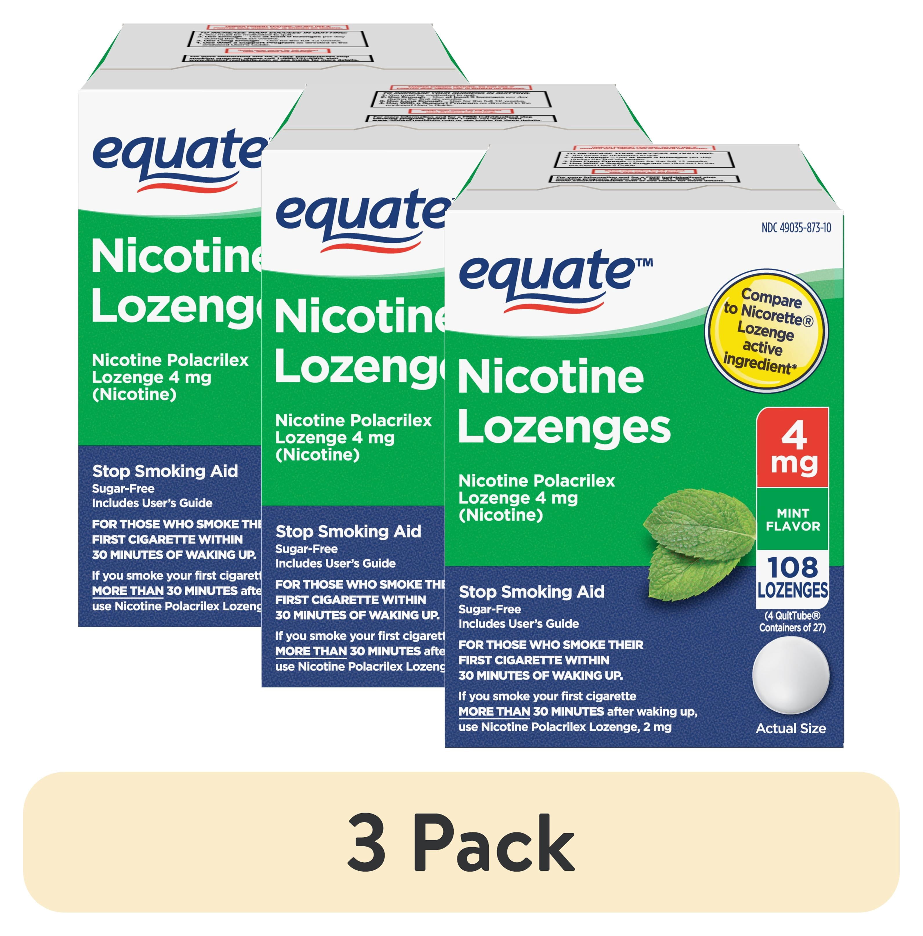 (3 pack) Equate Nicotine Polacrilex Lozenges, 4 mg, Mint Flavor, 108 ...
