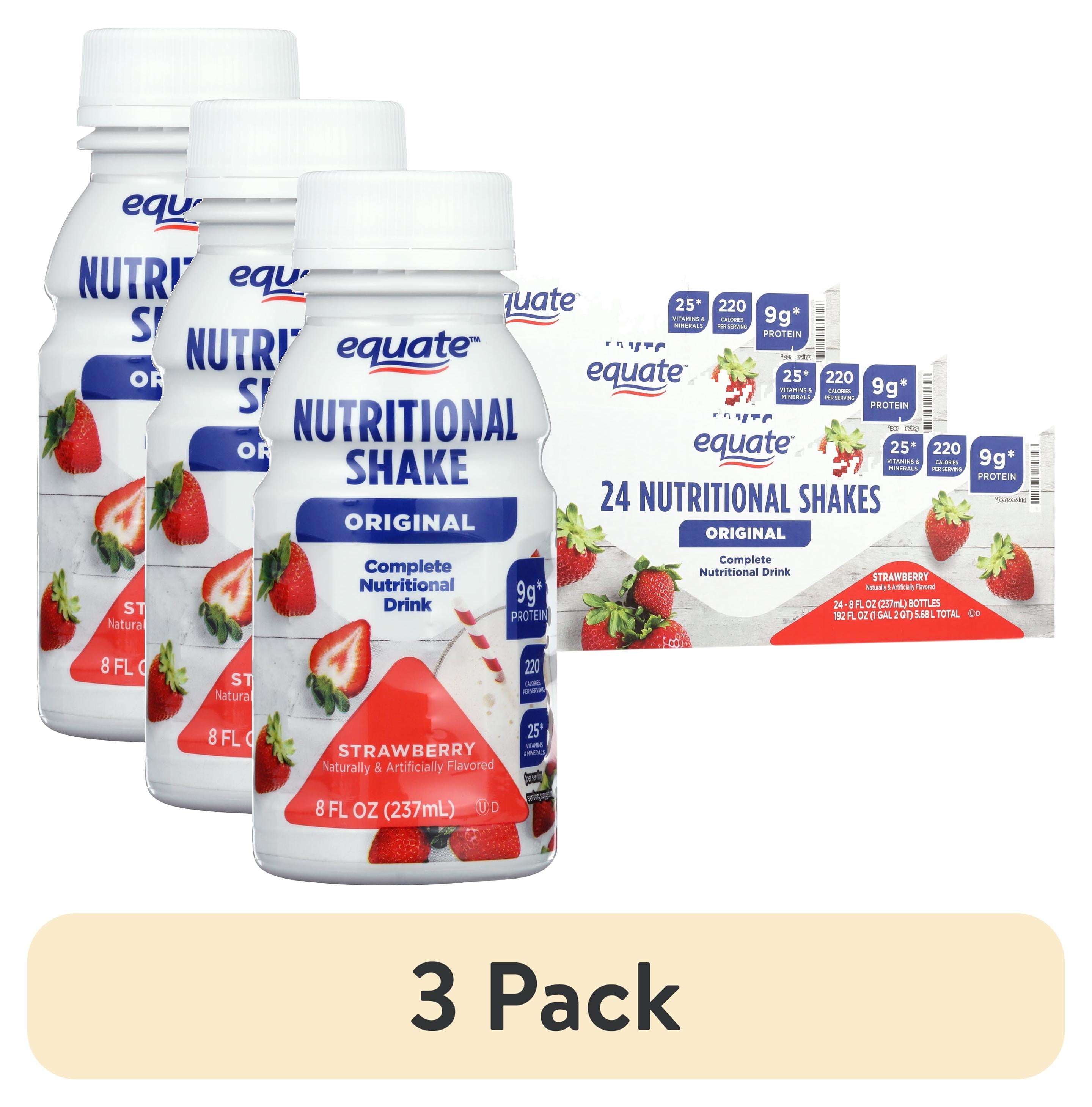 (3 pack) Equate Original Nutritional Shake, Strawberry, 8 fl oz, 24 ...