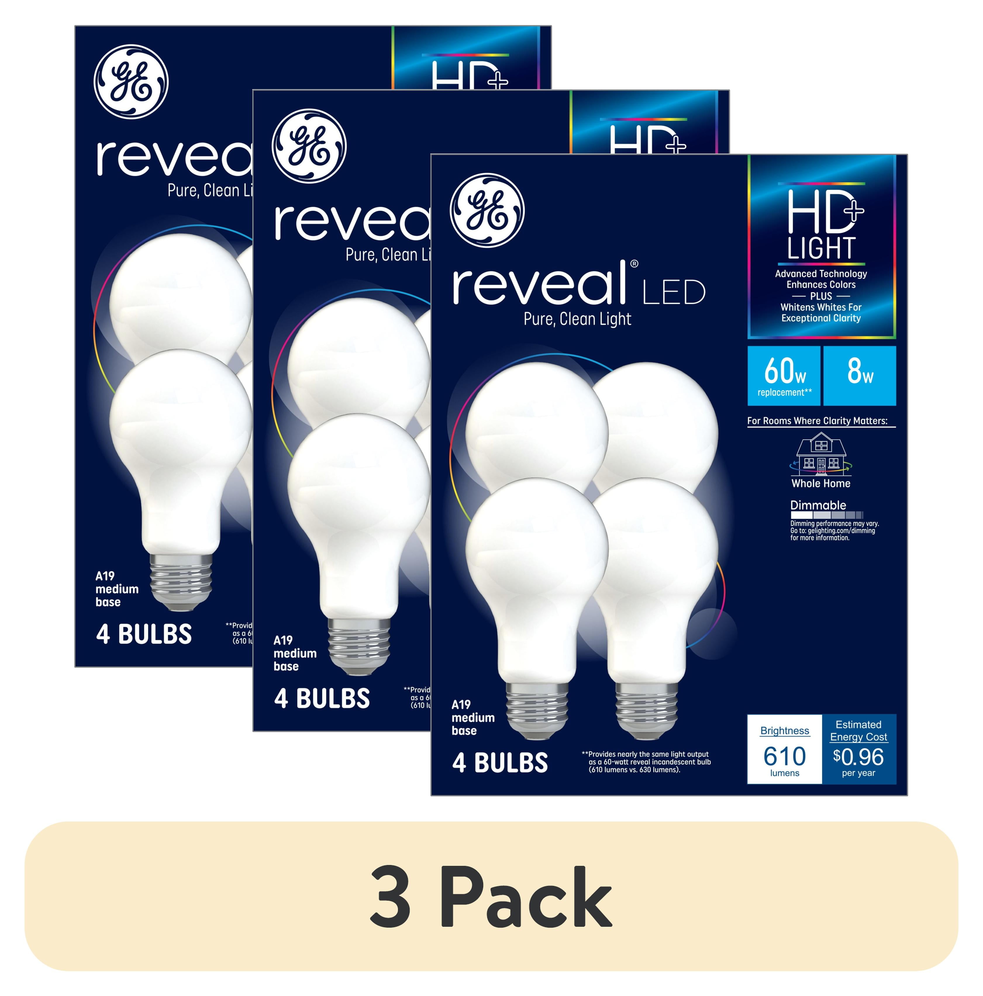 (3 pack) GE Reveal HD+ LED Light Bulbs, 60 Watt, A19 Bulbs, Medium Base ...