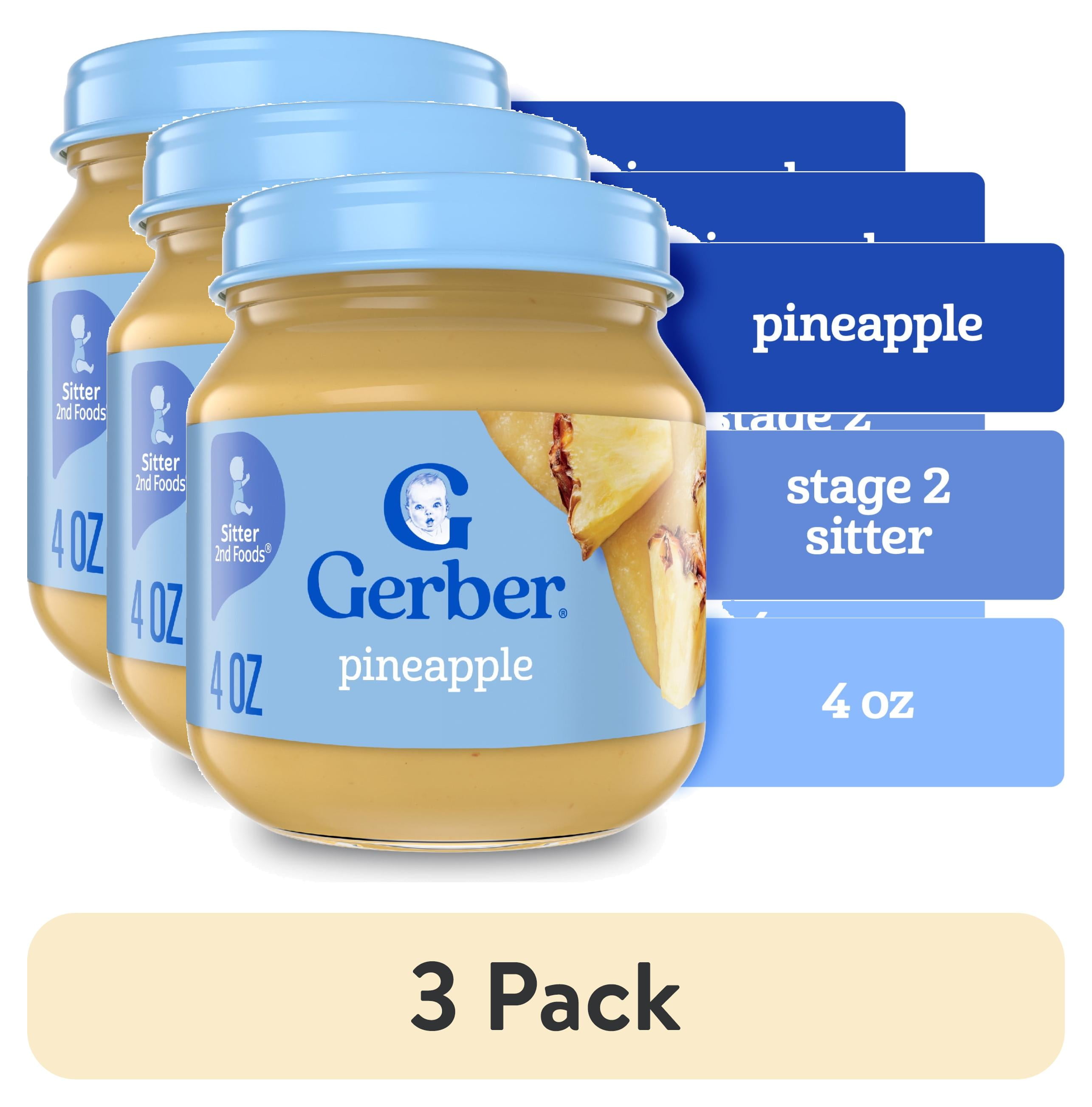 (3 pack) Gerber Stage 2 Baby Food, Pineapple Fruit Puree, Non-GMO, 4 oz, Jar - Walmart.com