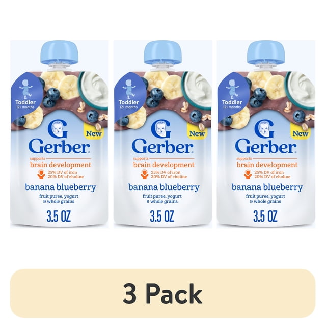 (3 pack) Gerber Toddler Food, Banana Blueberry, Fruit Puree, Yogurt ...