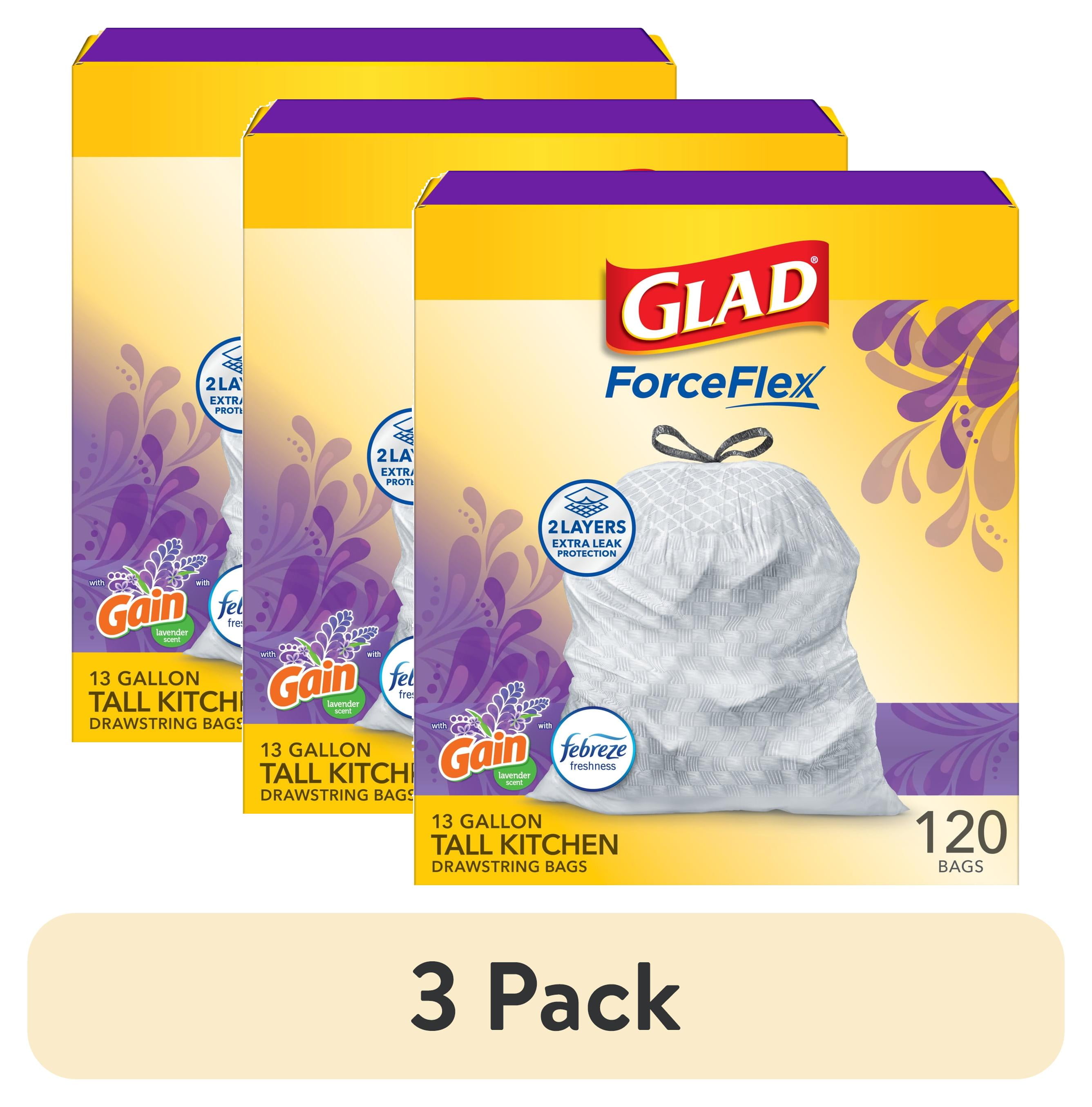 (3 pack) Glad ForceFlex Tall Kitchen Drawstring Trash Bags, 13 Gallon ...