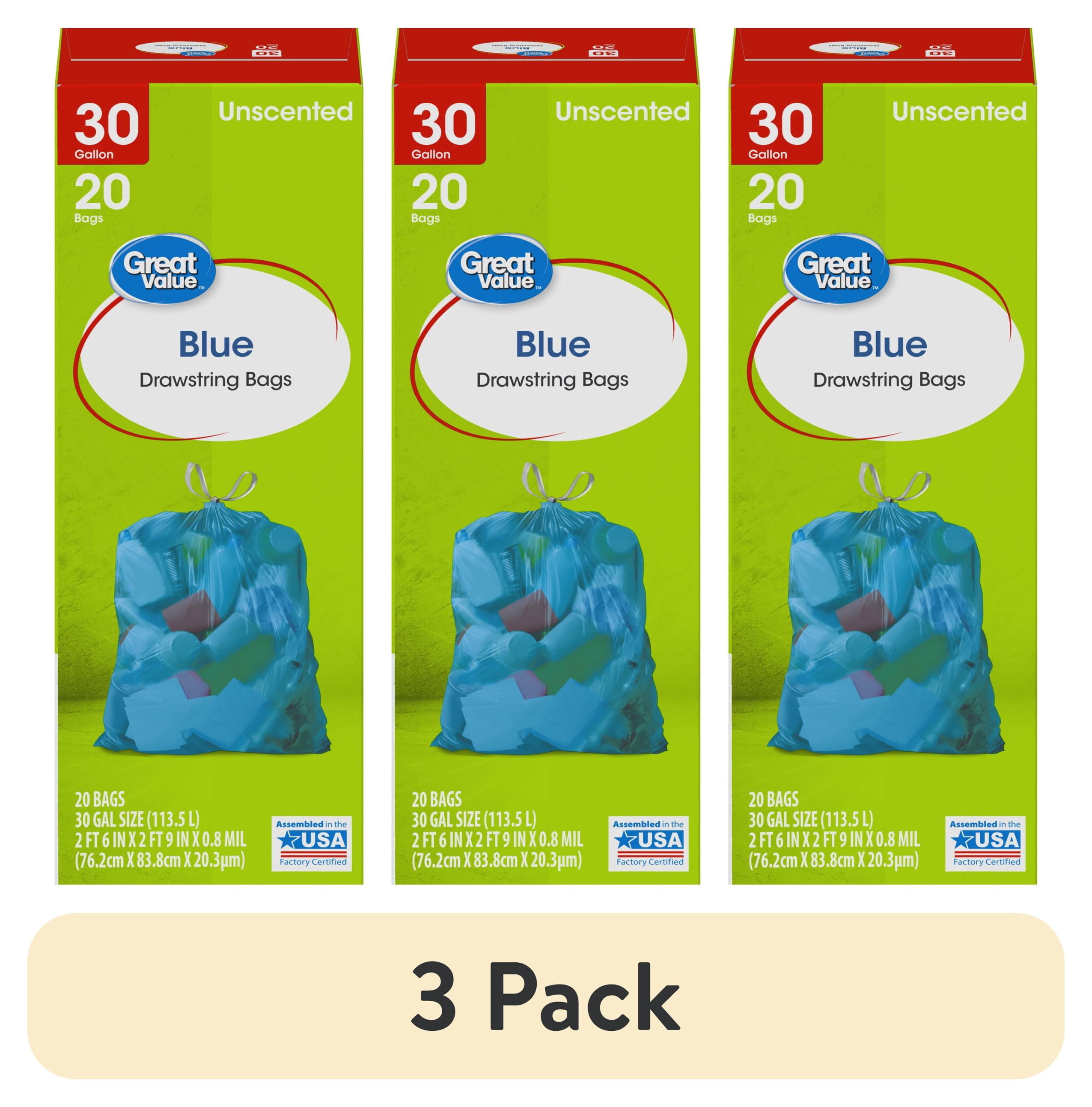 (3 pack) Great Value 30-Gallon Blue Drawstring Large Bags, Unscented ...
