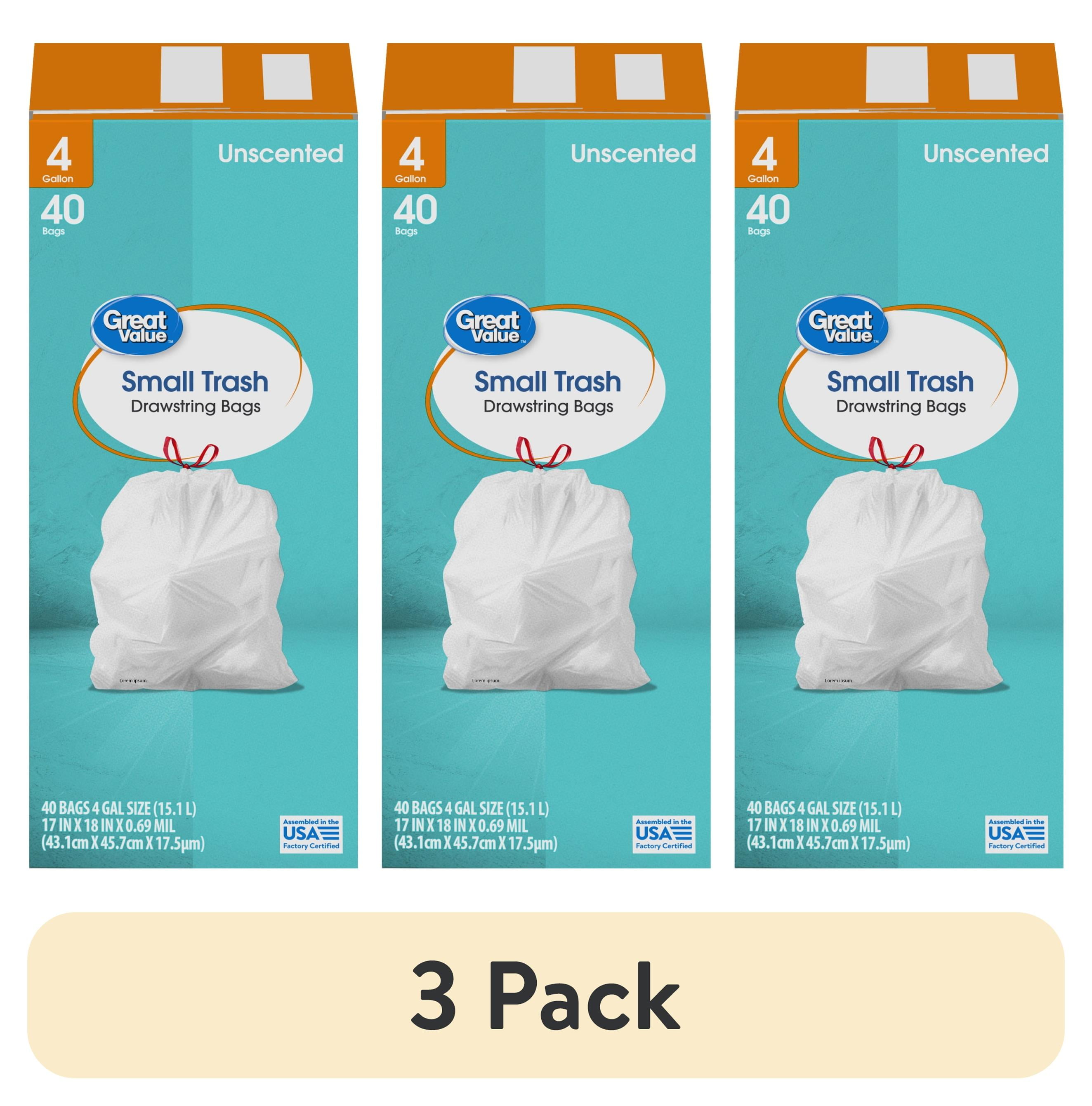 (3 pack) Great Value 4-Gallon Small Drawstring Trash Bags, 40 Bags ...