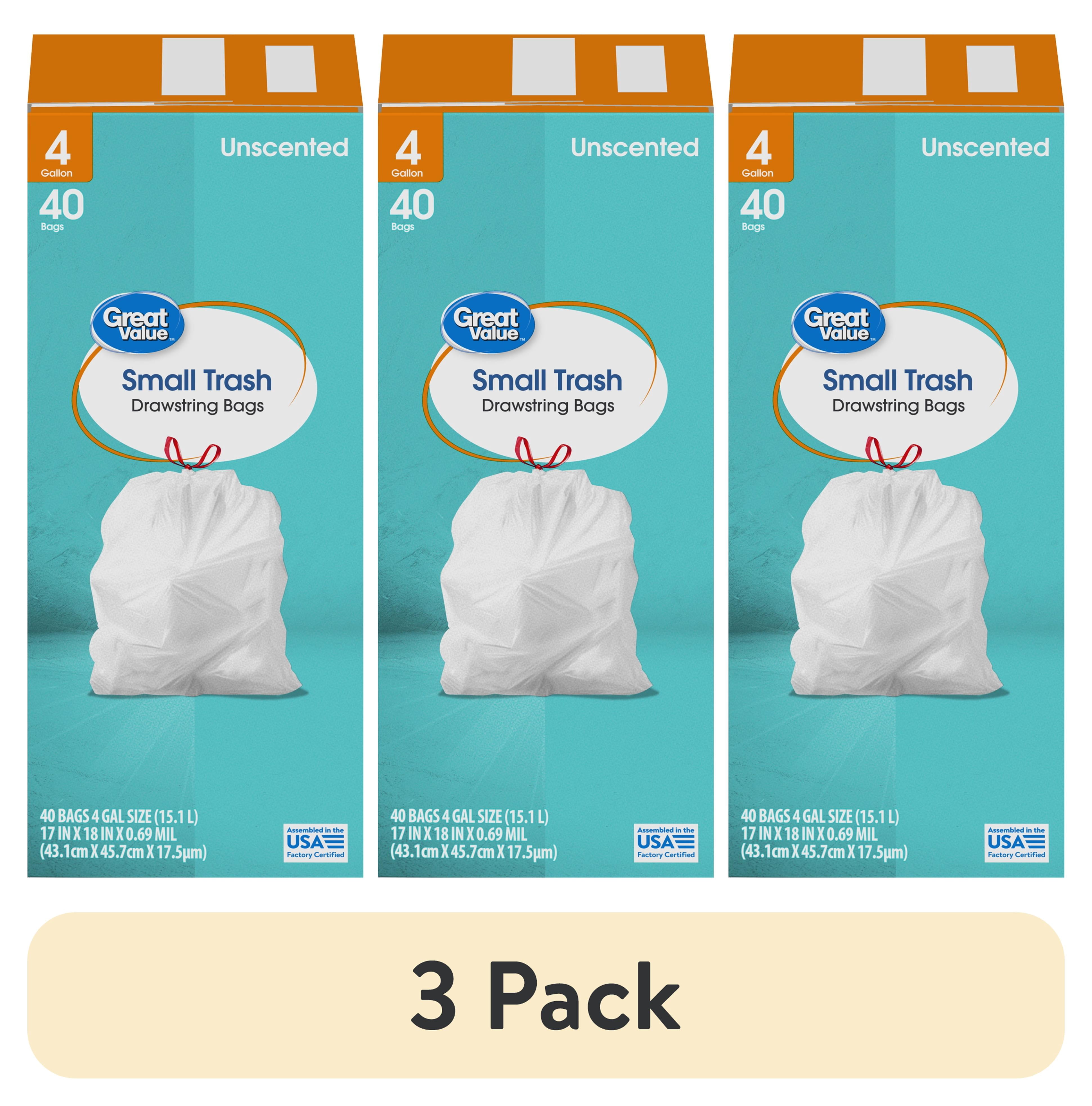 (3 pack) Great Value 4-Gallon Small Drawstring Trash Bags, 40 Bags ...