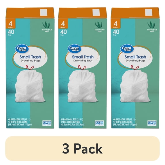 (3 pack) Great Value 4-Gallon Small Drawstring Trash Bags, Eucalyptus ...
