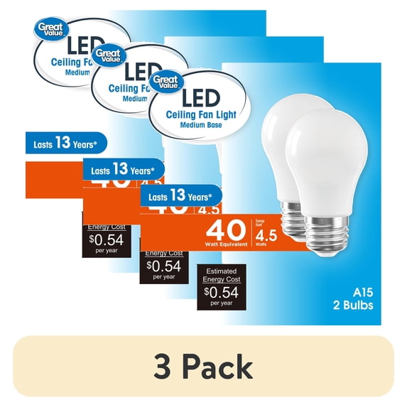 (3 pack) Great Value A15 LED Ceiling Fan Bulb, 4.5-Watt (40W Equivalent ...