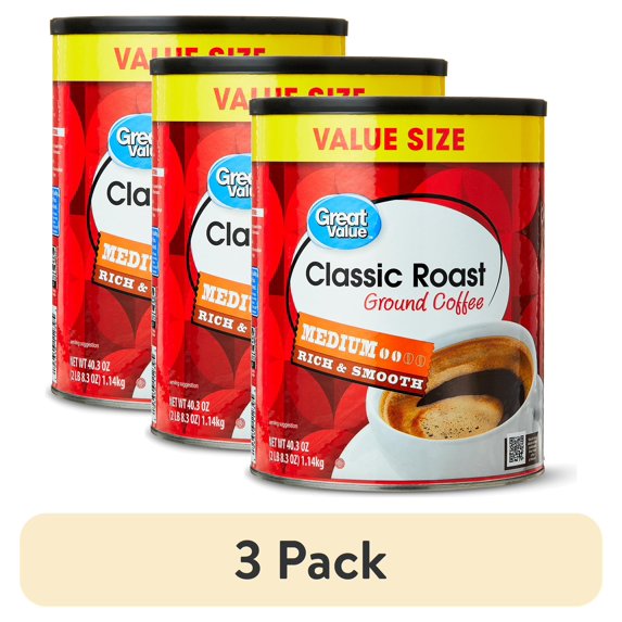 (3 pack) Great Value Classic Medium Roast Ground Naturally Caffeinated ...