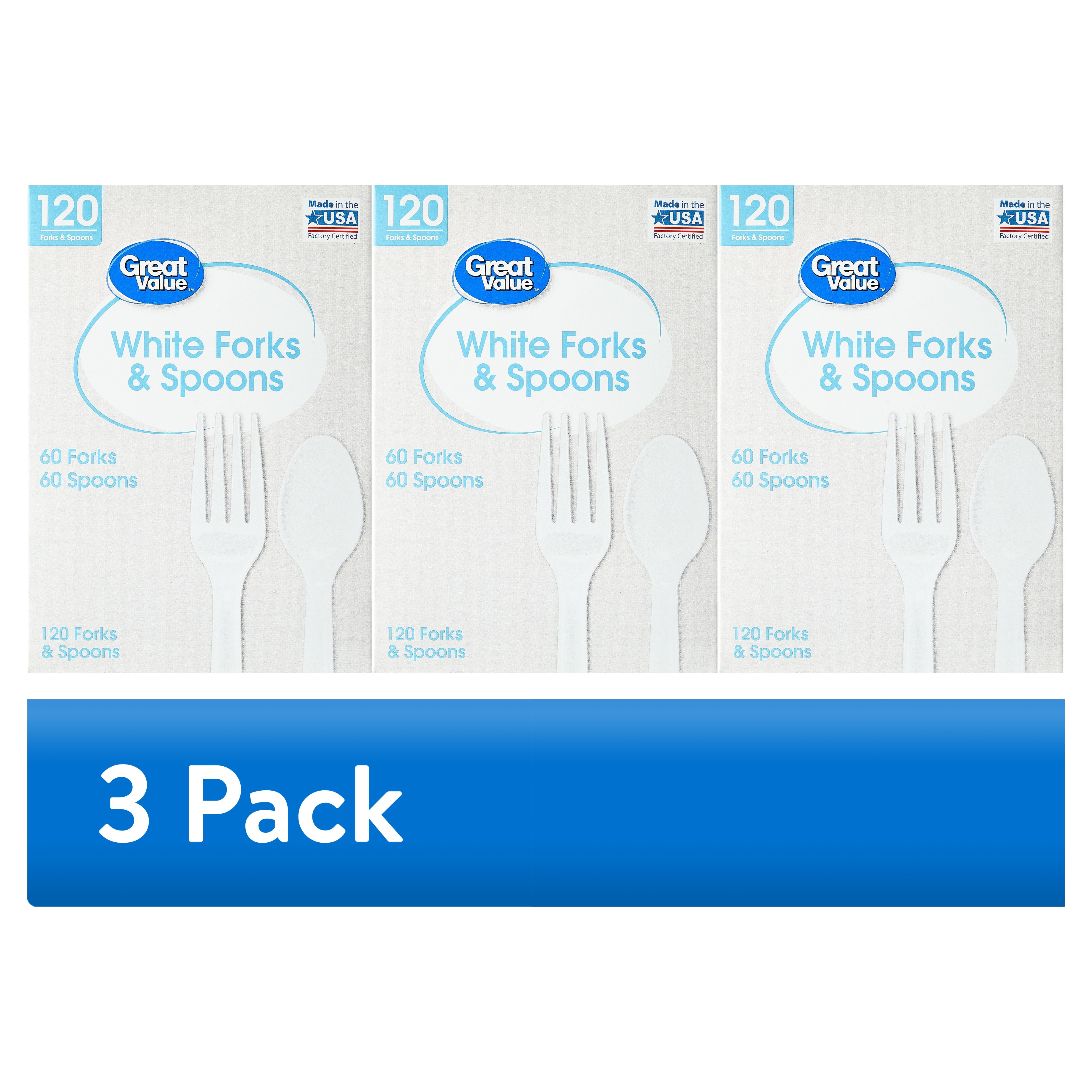 (3 pack) Great Value Disposable Plastic White Forks and Spoons, 120 ...