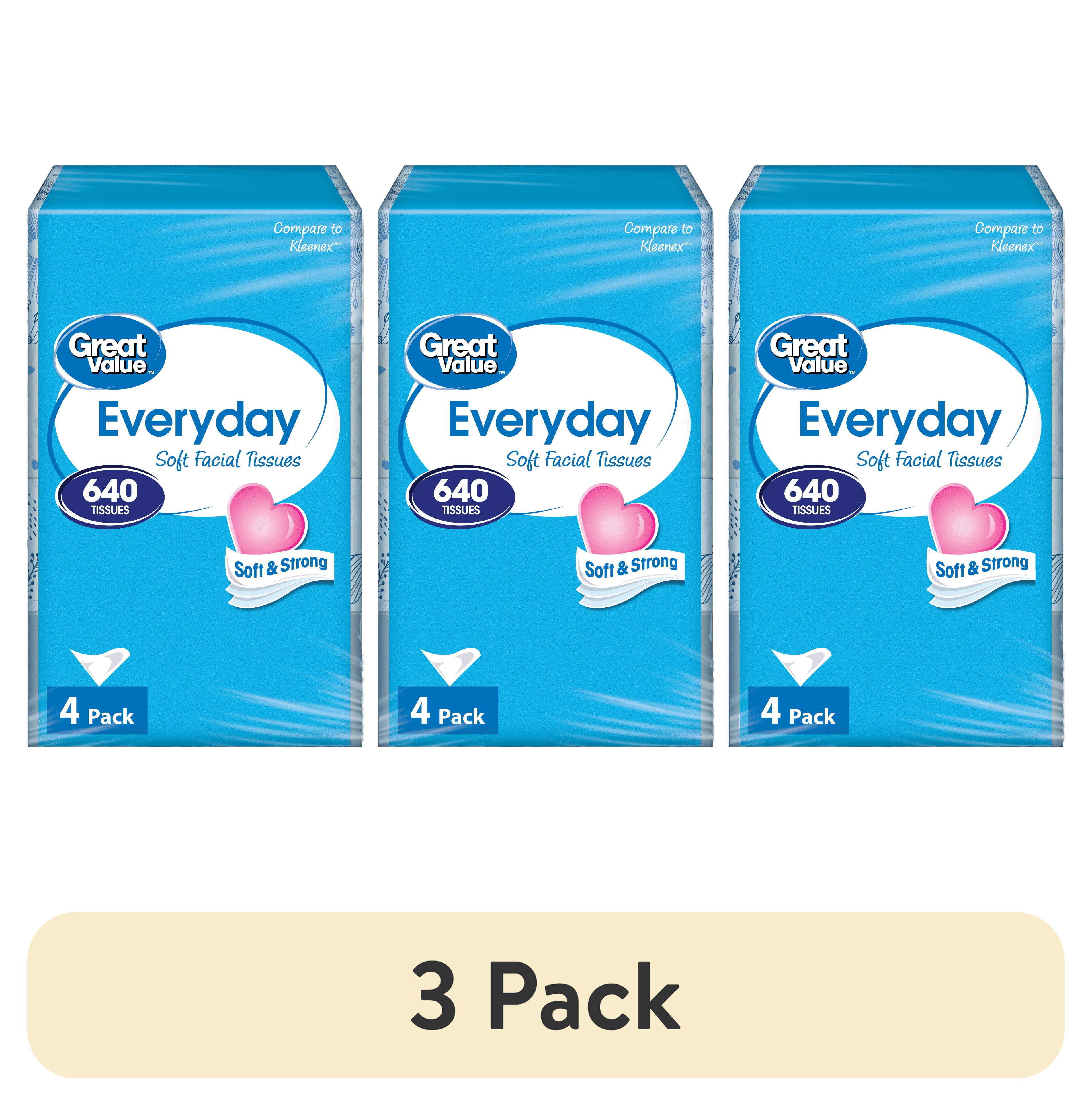 (3 pack) Great Value Everyday Soft Facial Tissues, 4 Flat Cartons, 160 Tissues per Flat, 2-Ply ...