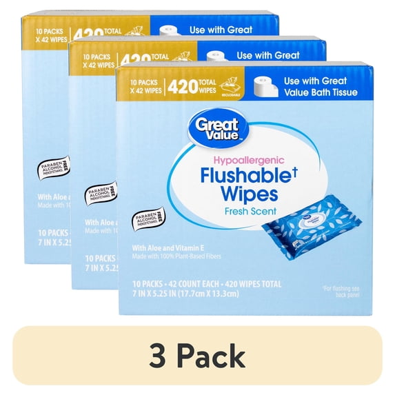 (3 pack) Great Value Fresh Scent Flushable Wipes, 10 Resealable Packs ...