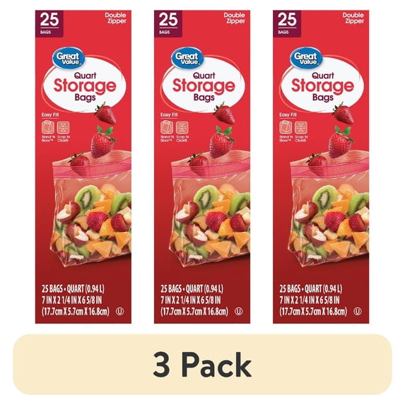 (3 pack) Great Value Fresh Seal Quart Storage Double Zipper Bags, 25 ...