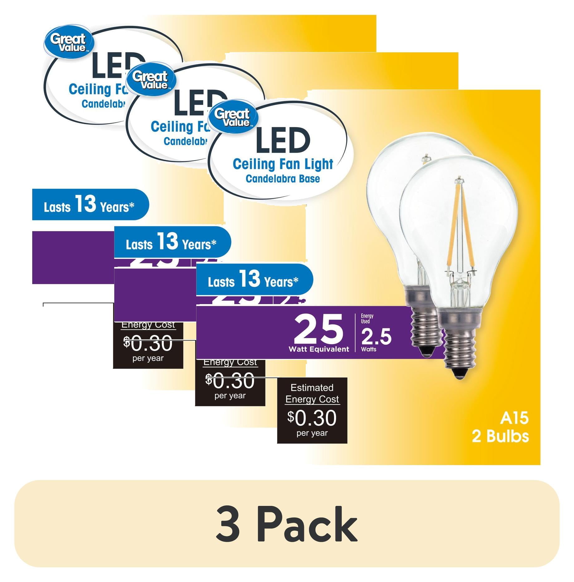 (6 pack) Great Value A15 LED 2.5W (25W Equivalent) Soft White E12 ...