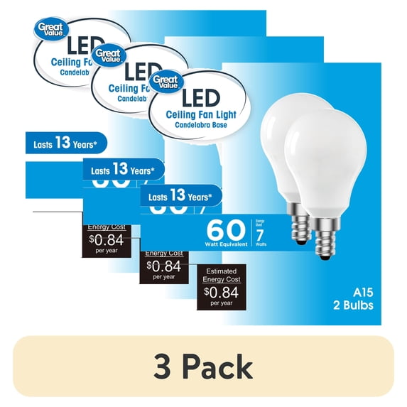(6 pack) Great Value A15 LED 7W (60W Equivalent) Soft White Ceiling Fan ...