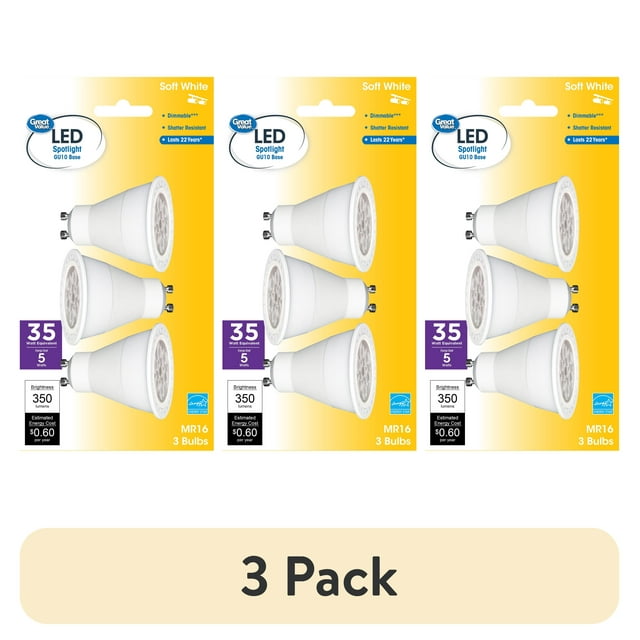 (3 pack) Great Value LED Light Bulb, 5 Watts (35W Equivalent) MR16 Lamp ...