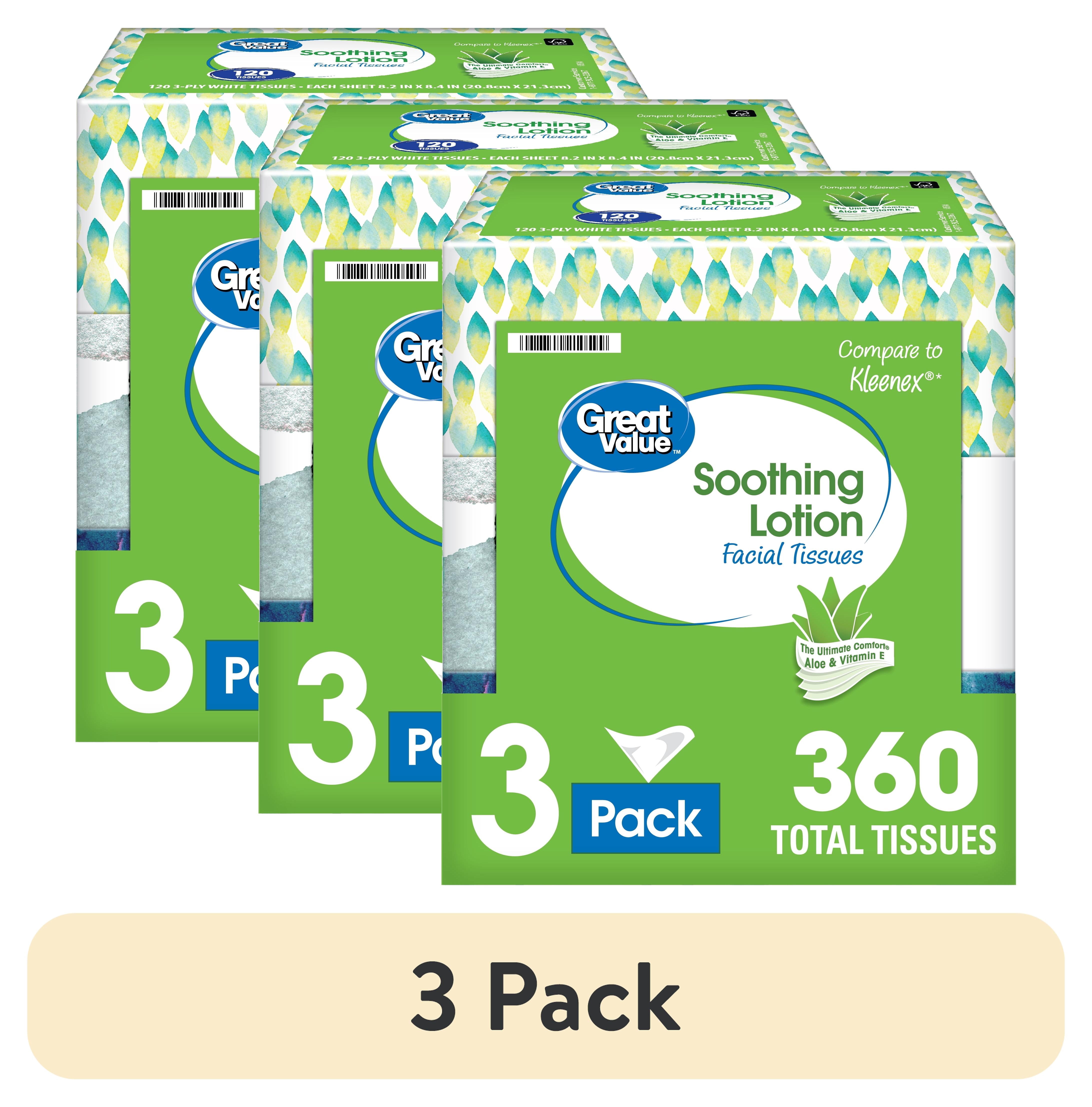(3 pack) Great Value Lotion Soothing Facial Tissues, 3 Flat Boxes (360 ...