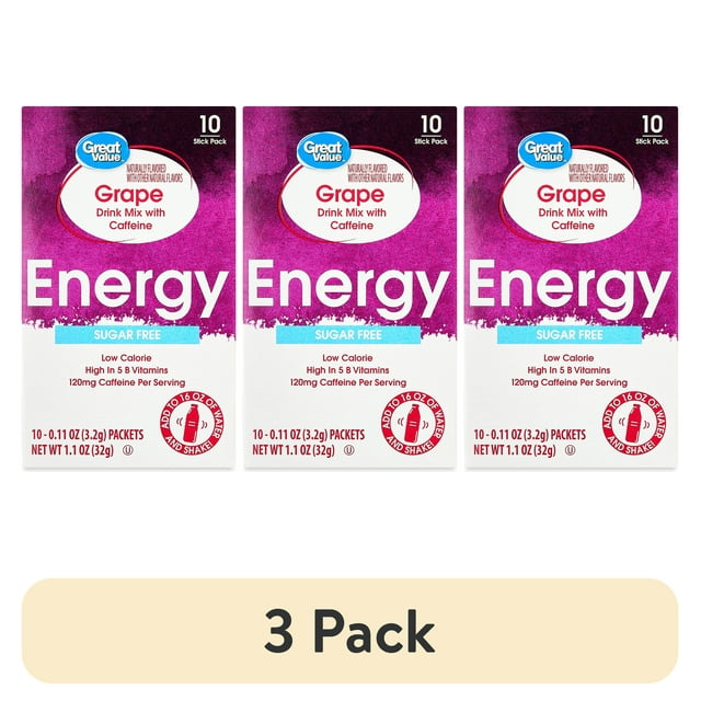 (3 pack) Great Value Sugar-Free Grape Energy Powdered Drink Mix, 1.1 oz ...