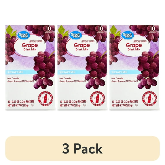 (3 pack) Great Value Sugar-Free Grape Powdered Drink Mix, 0.77 oz, 10 ...