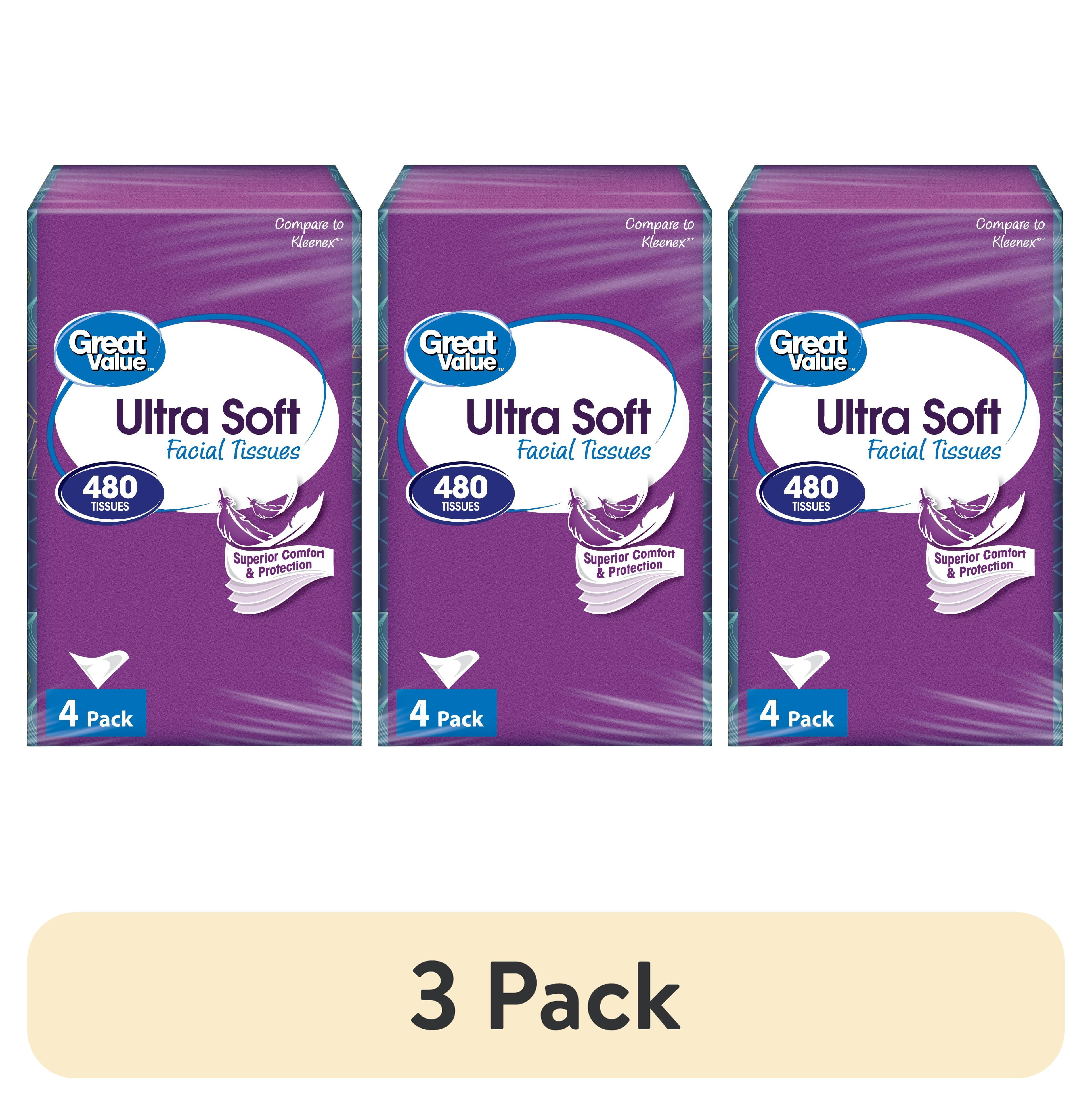 (3 pack) Great Value Ultra Soft Facial Tissues, 4 Flat Cartons, 120 Tissues per Flat, 3-Ply ...