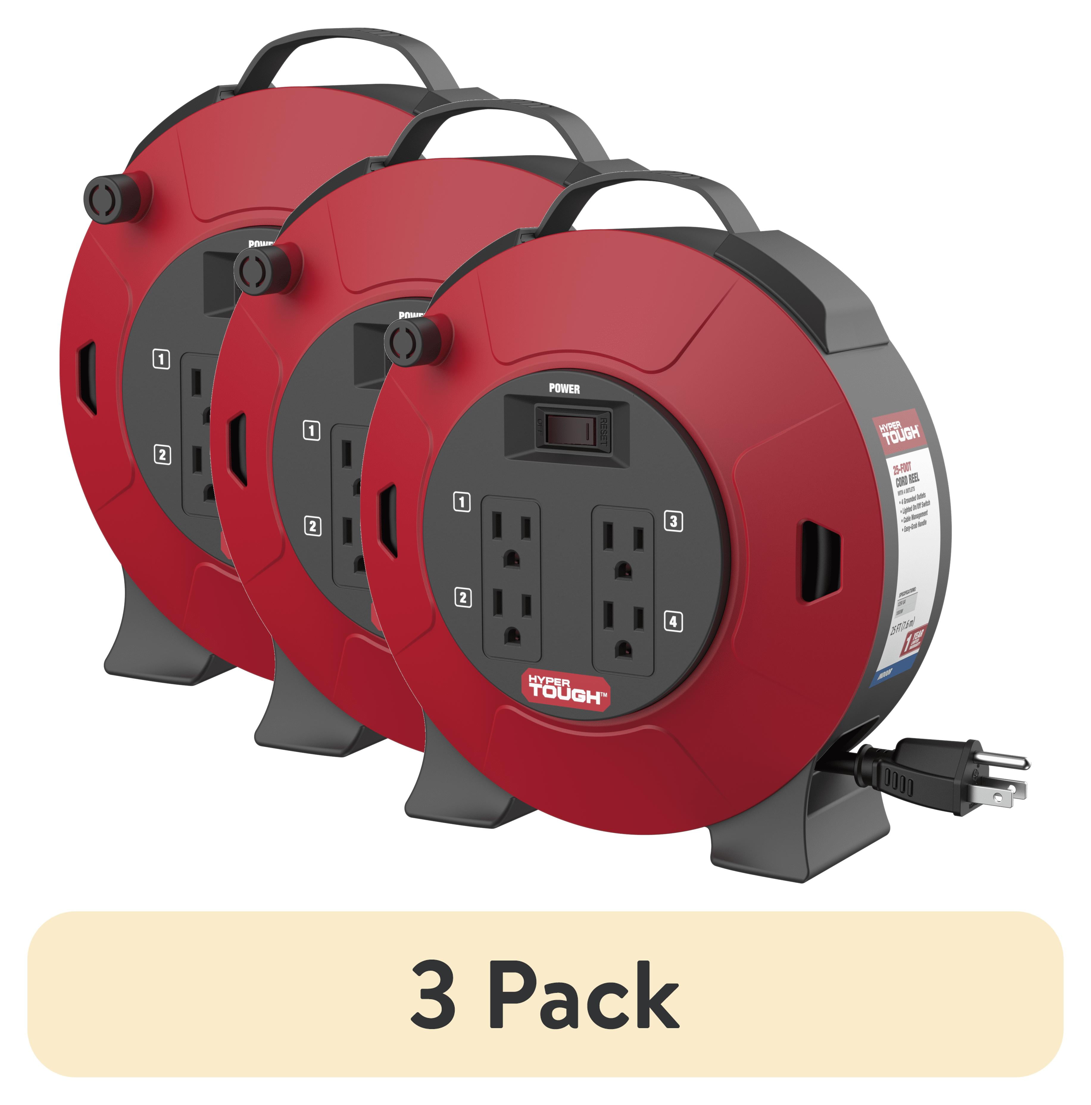 (3 pack) HYPER TOUGH 25 ft. Retractable Cord Reel, 4 Outlets, on/off ...