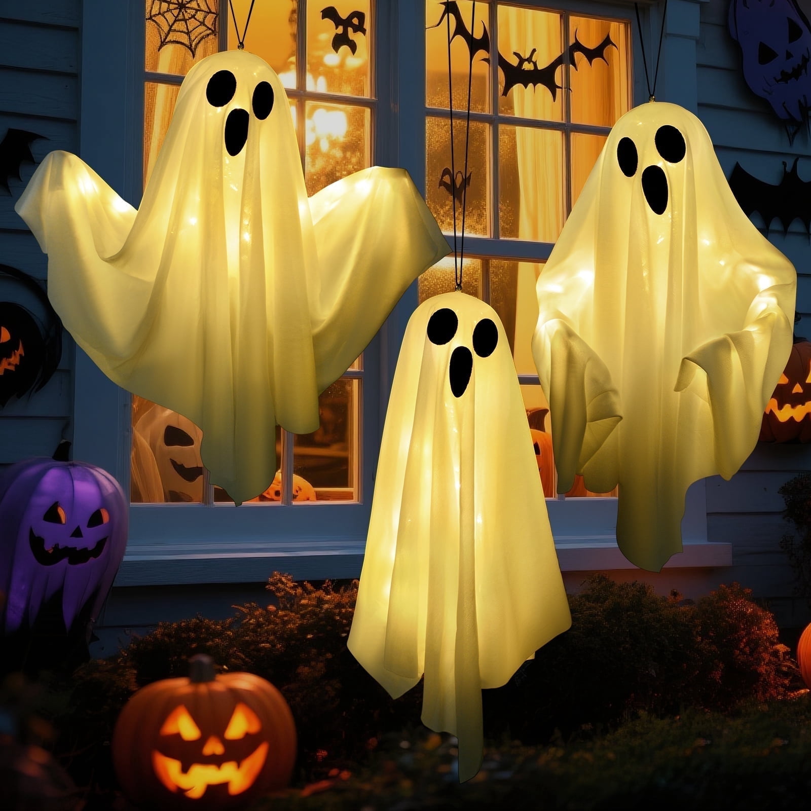 3 pack Hanging Ghosts Halloween Decor, 20 inch LED Glowing Ghost ...