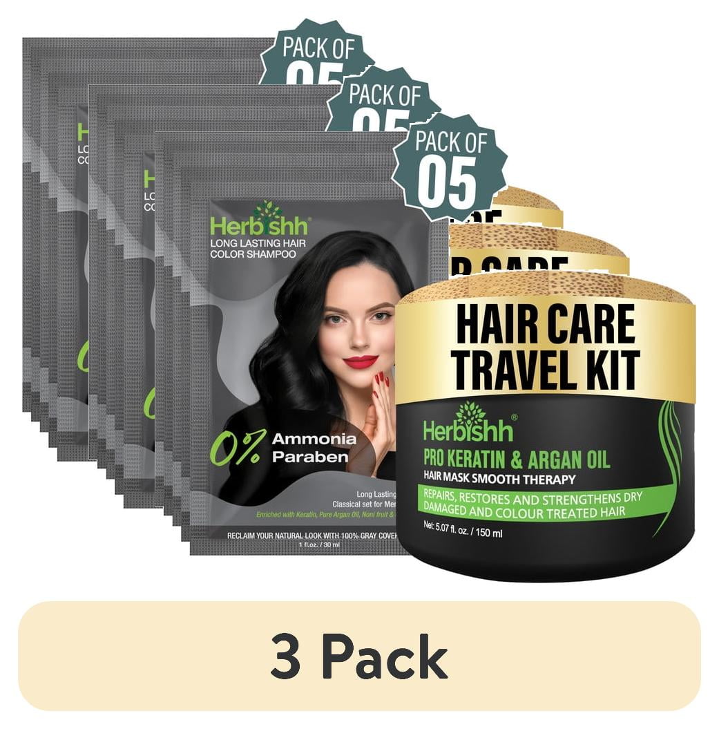 (3 pack) Herbishh Hair Dye Shampoo Black Color 3-in-1 Travel Pack (30ml x5) + Keratin Argan Oil ...