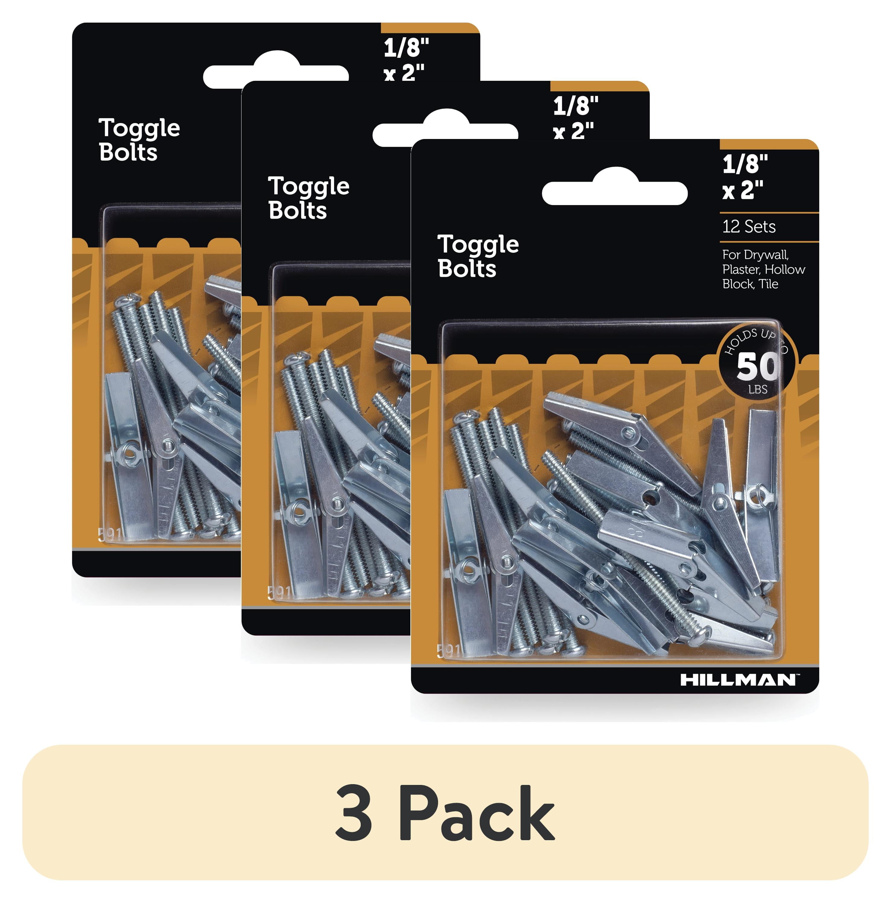 (3 pack) Hillman Toggle Bolts, 1/8" x 2", Steel, Multi-Material, 50 lbs ...