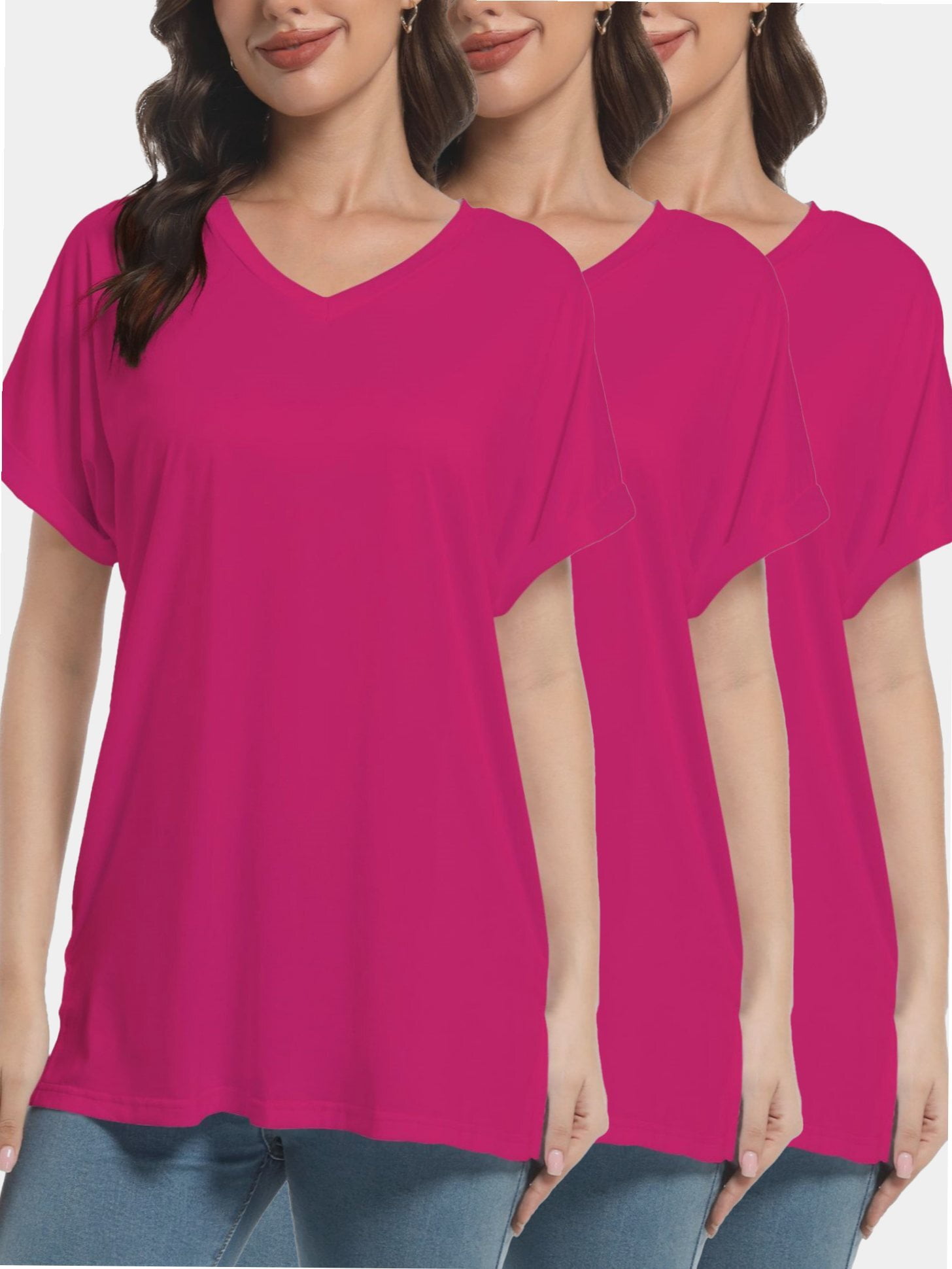 3-pack Hot Pink Women's Tshirts Casual V Neck Short Sleeve Loose Summer Tunic Tops - Walmart.com