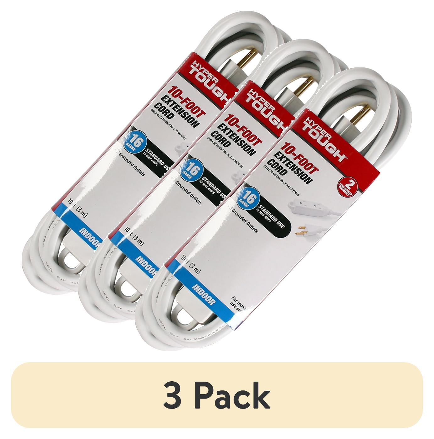 (3 pack) Hyper Tough 10FT 16AWG 3 Prong White Indoor 3-Outlet Extension ...