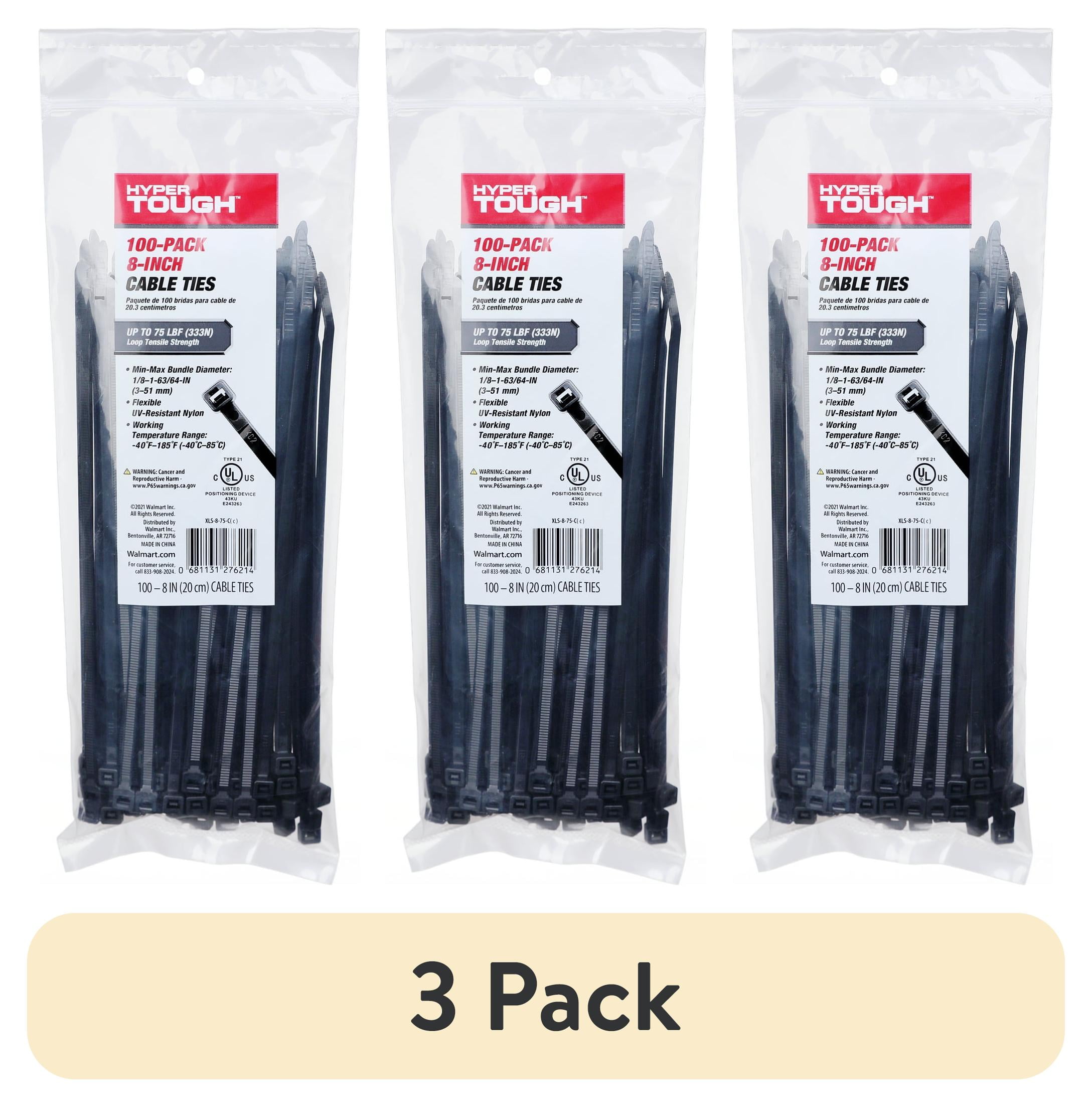 (3 pack) Hyper Tough 8 inch 75lb Cable Ties UV Resistant Black 100 ...