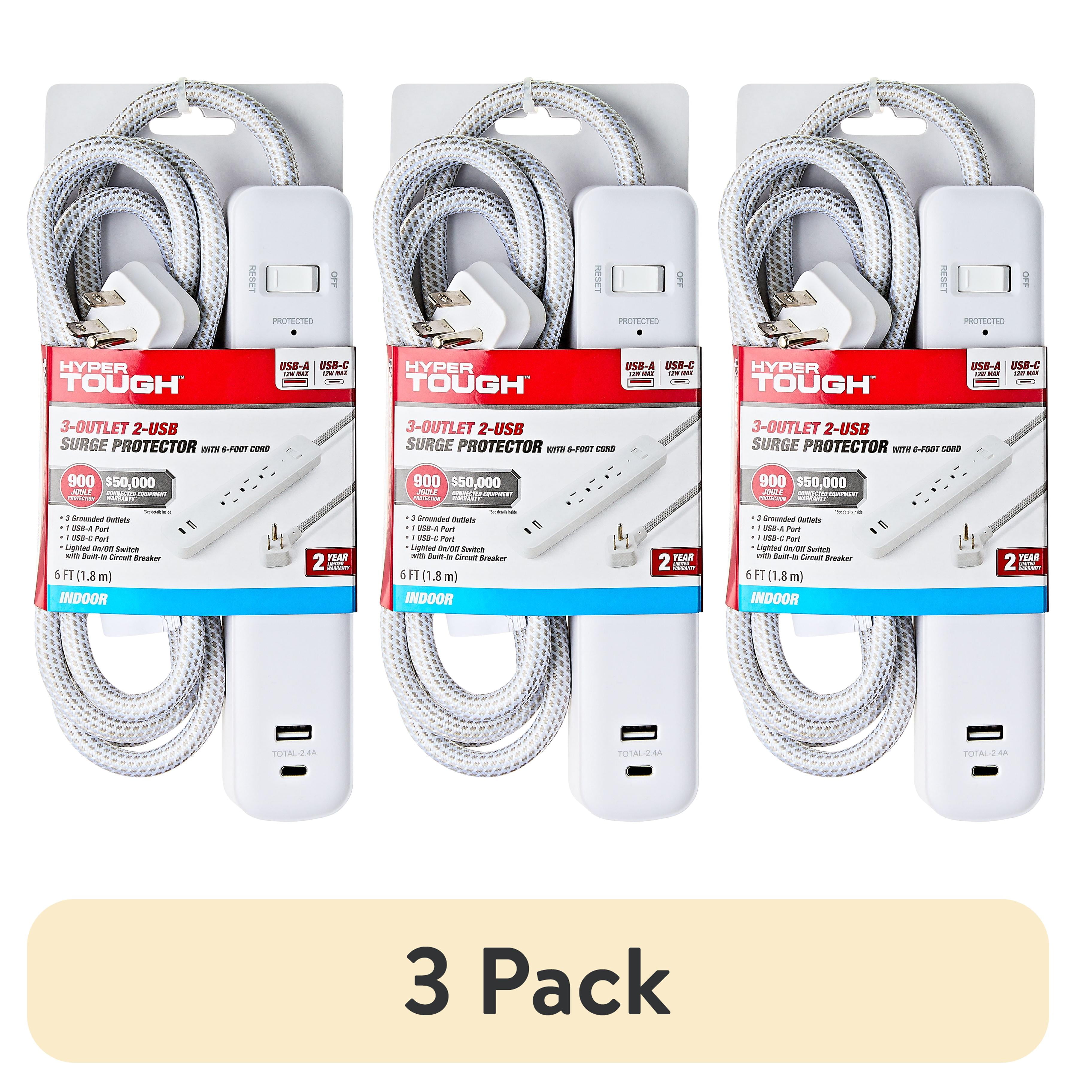 (3 pack) Hyper Tough Indoor 3-Outlet 6ft Braided Cord Surge Protector ...