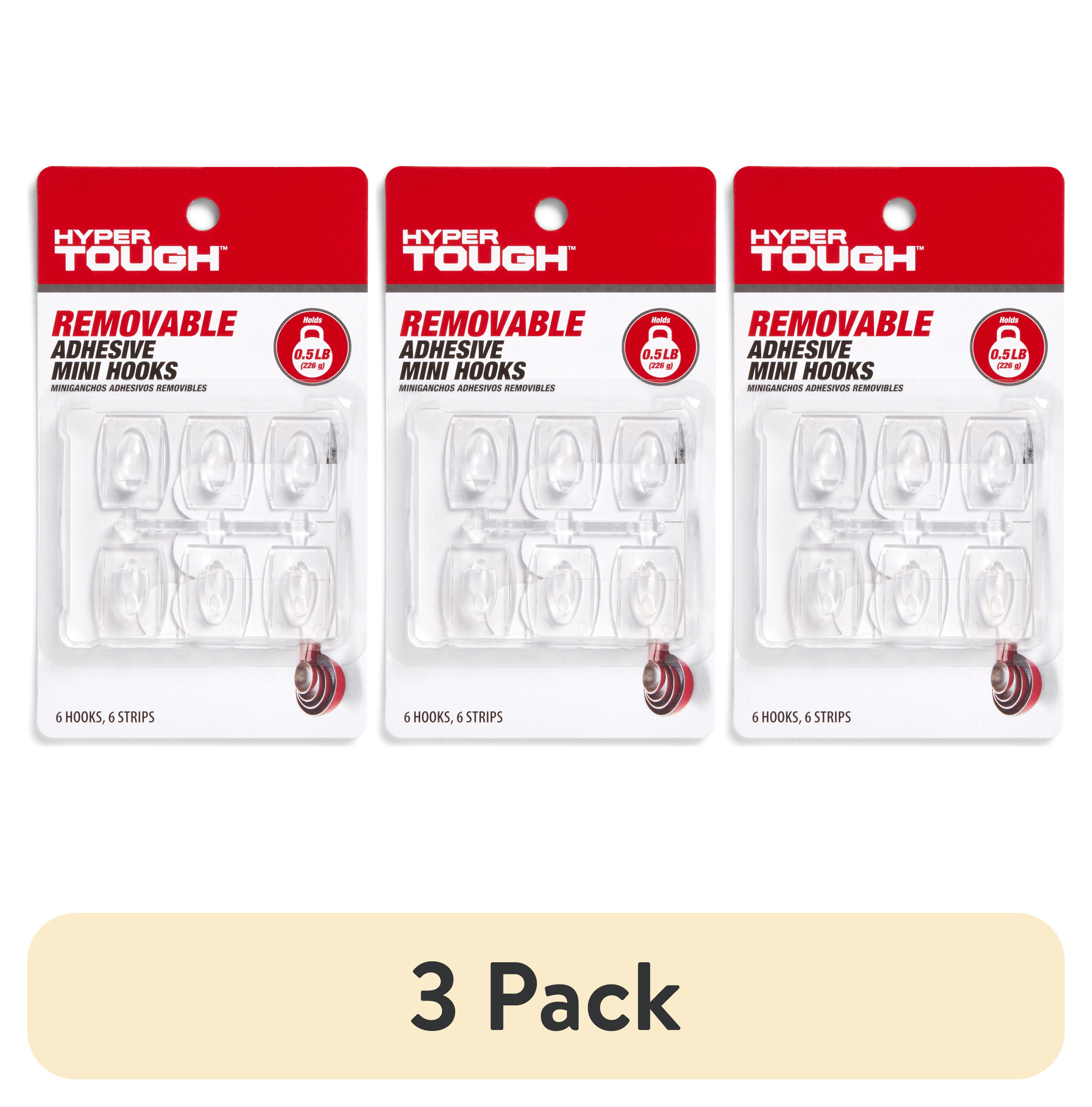 (3 pack) Hyper Tough Mini Removable Self-Adhesive Hooks, Square Plastic ...