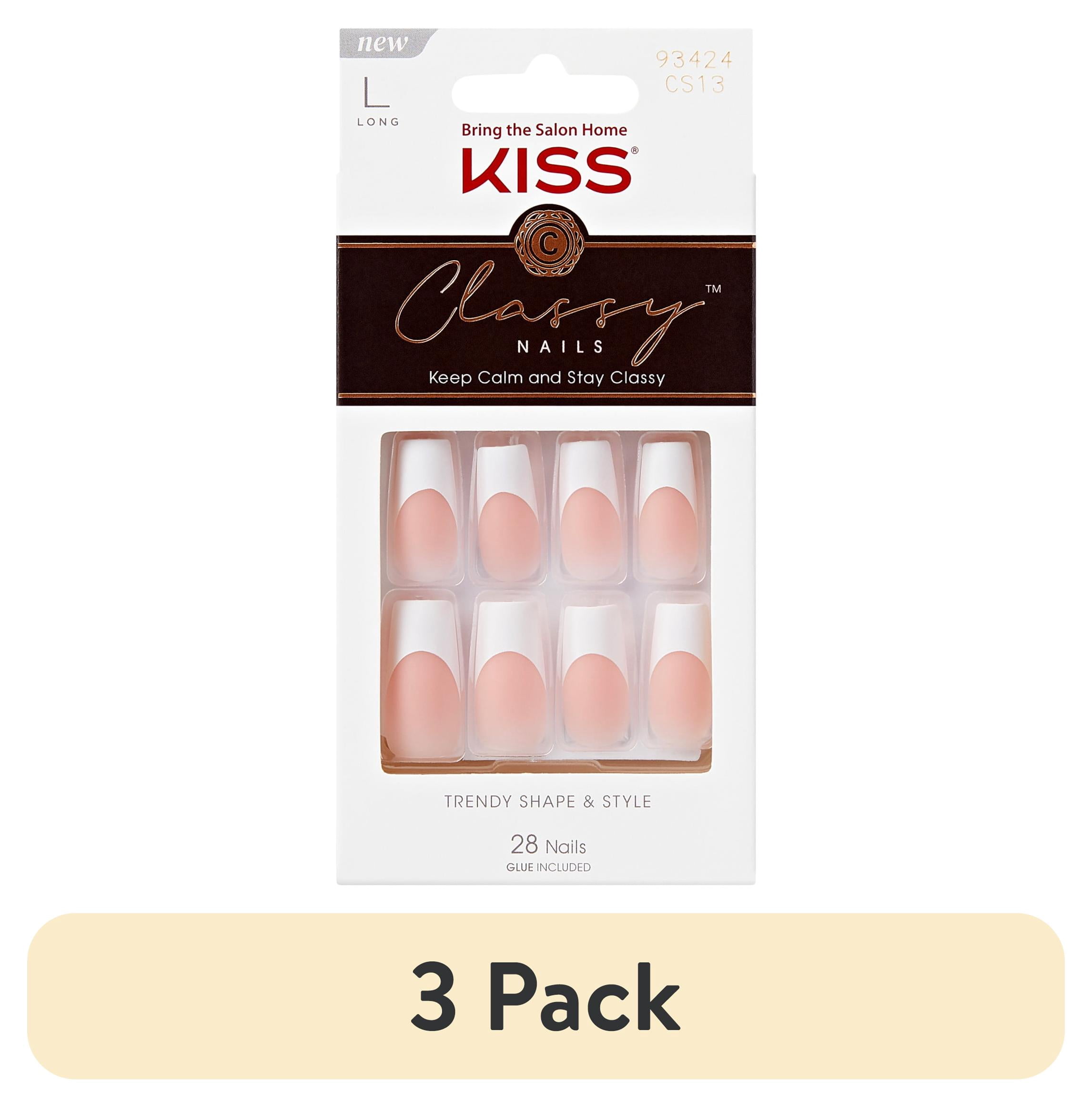 (3 pack) KISS Classy, Press On Nails, Movin', White, Long Square, 28 ...