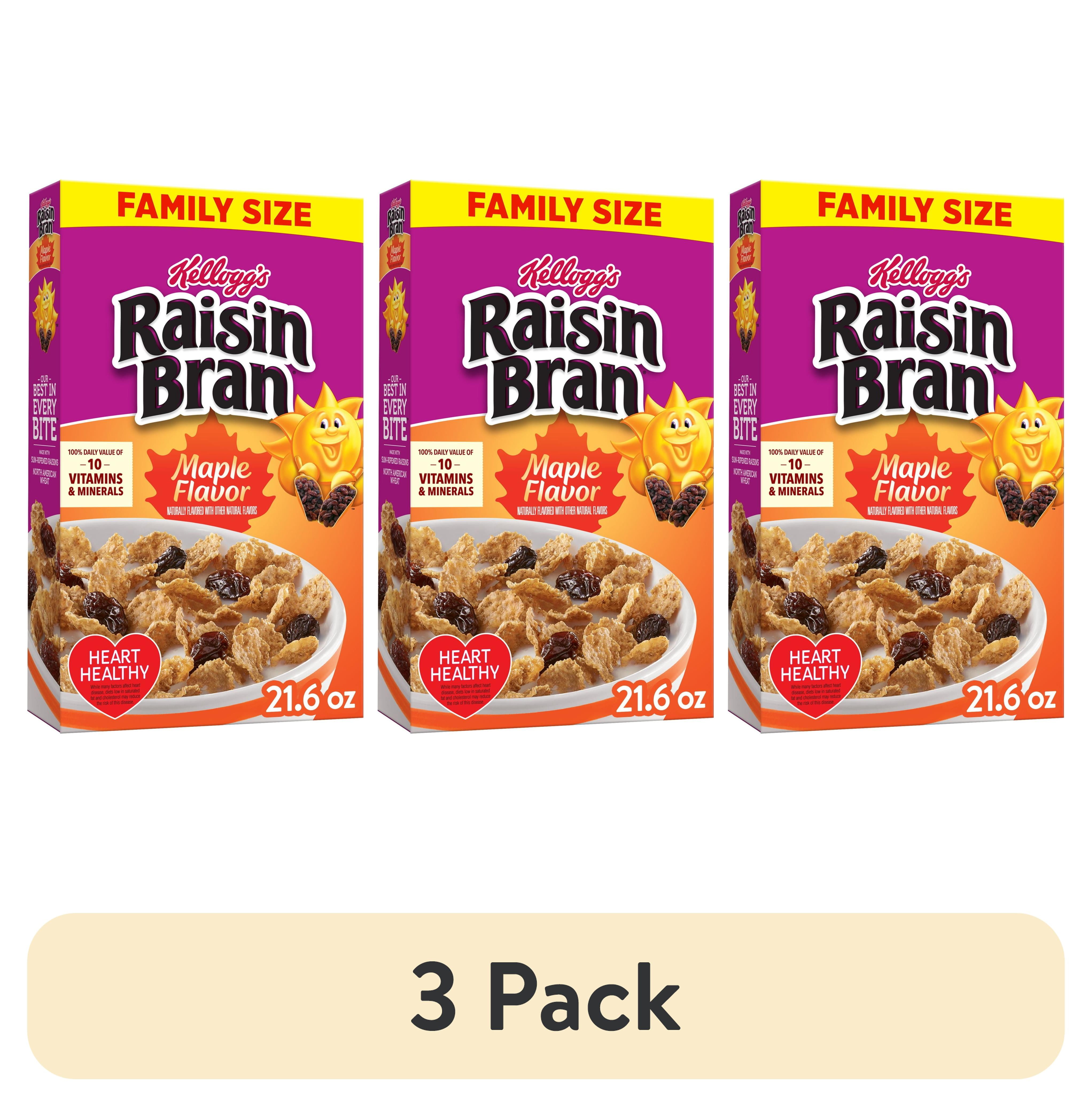 (3 pack) Kellogg's Raisin Bran Cold Breakfast Cereal, Family Size, Maple Flavor, 21.6oz Box (1 ...