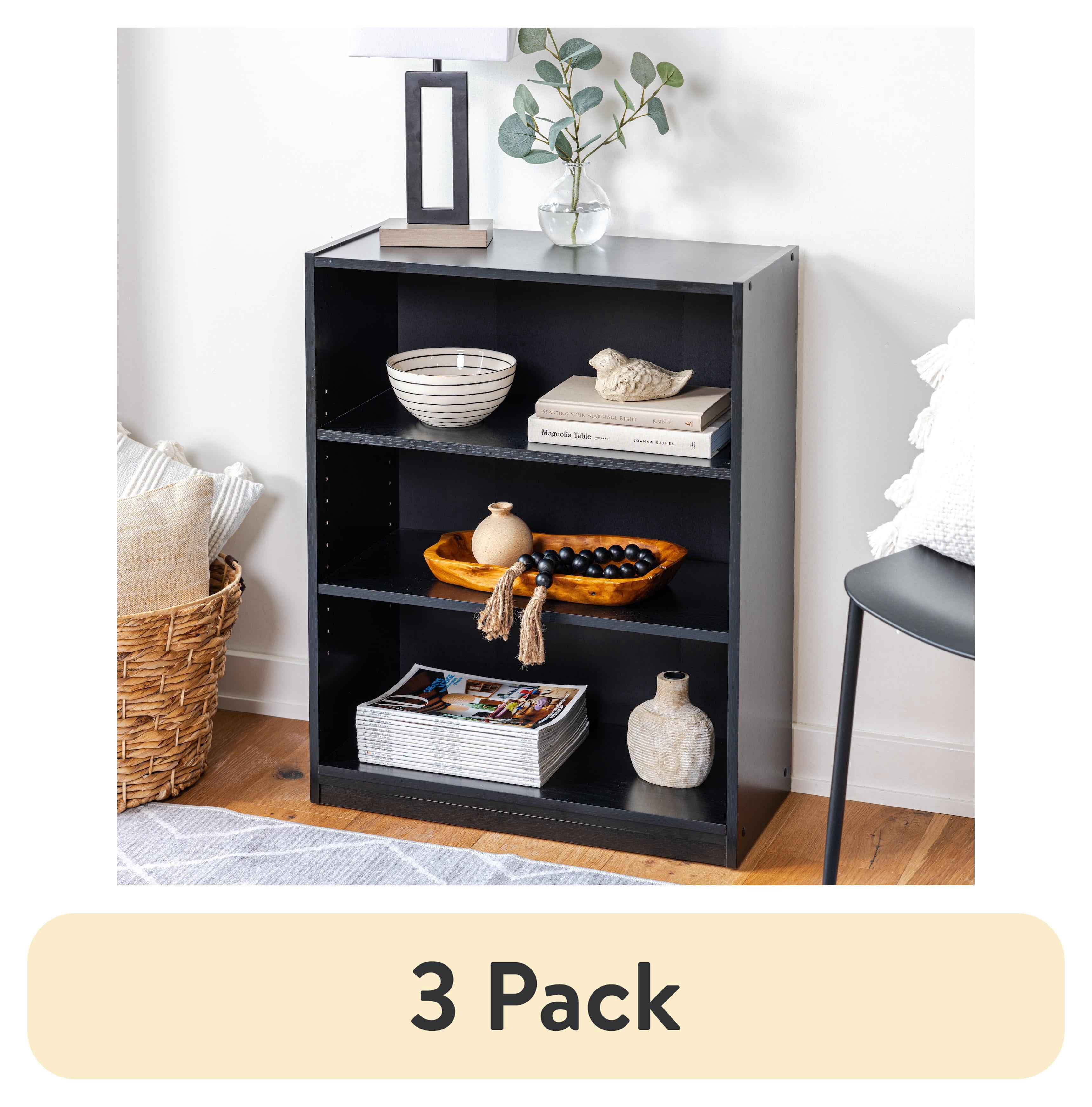 (3 pack) Mainstays 3-Shelf Bookcase with Adjustable Shelves, True Black ...