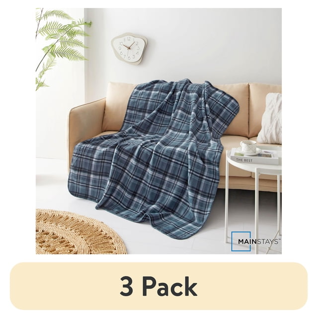 (3 pack) Mainstays Blue Plaid Cozy Fleece Throw Blanket, 50" x 60 ...