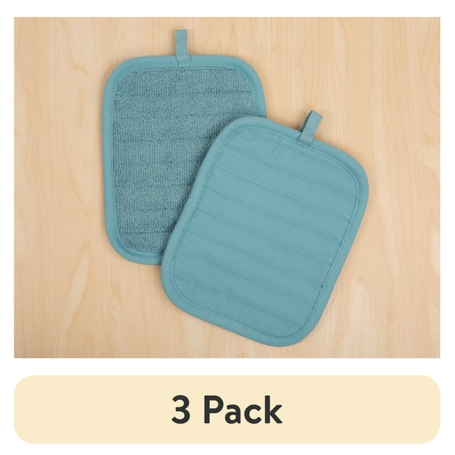 (3 pack) Mainstays Cotton Pot Holders, 2 Piece, 7 in x 9 in, Teal, 100% ...
